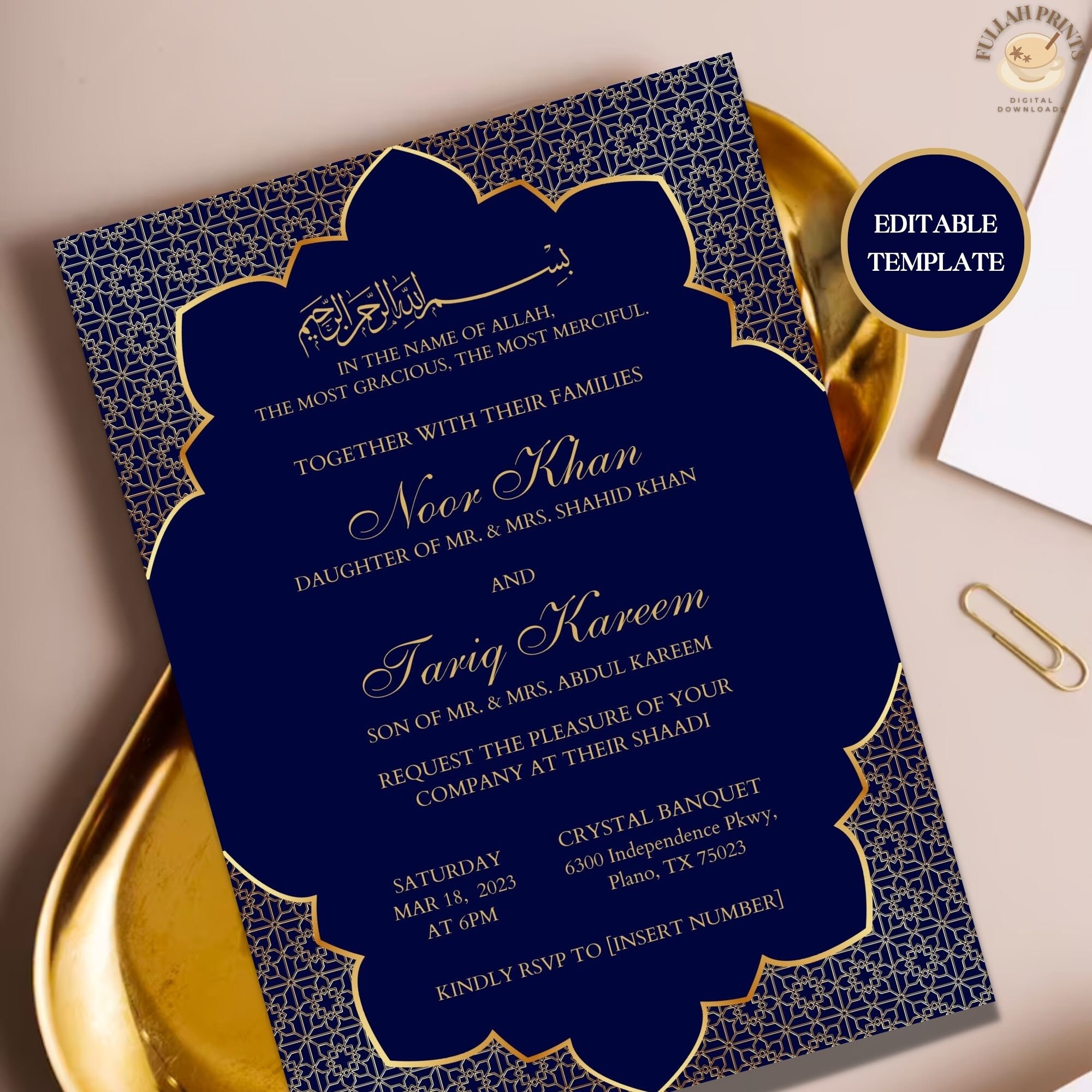 Navy and Gold Islamic Wedding Invitation, Elegant Islamic Wedding ...