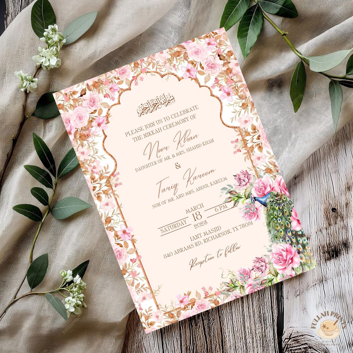 Pink Floral Nikkah Invitation, Digital Nikkah Invite Template, Peacock ...