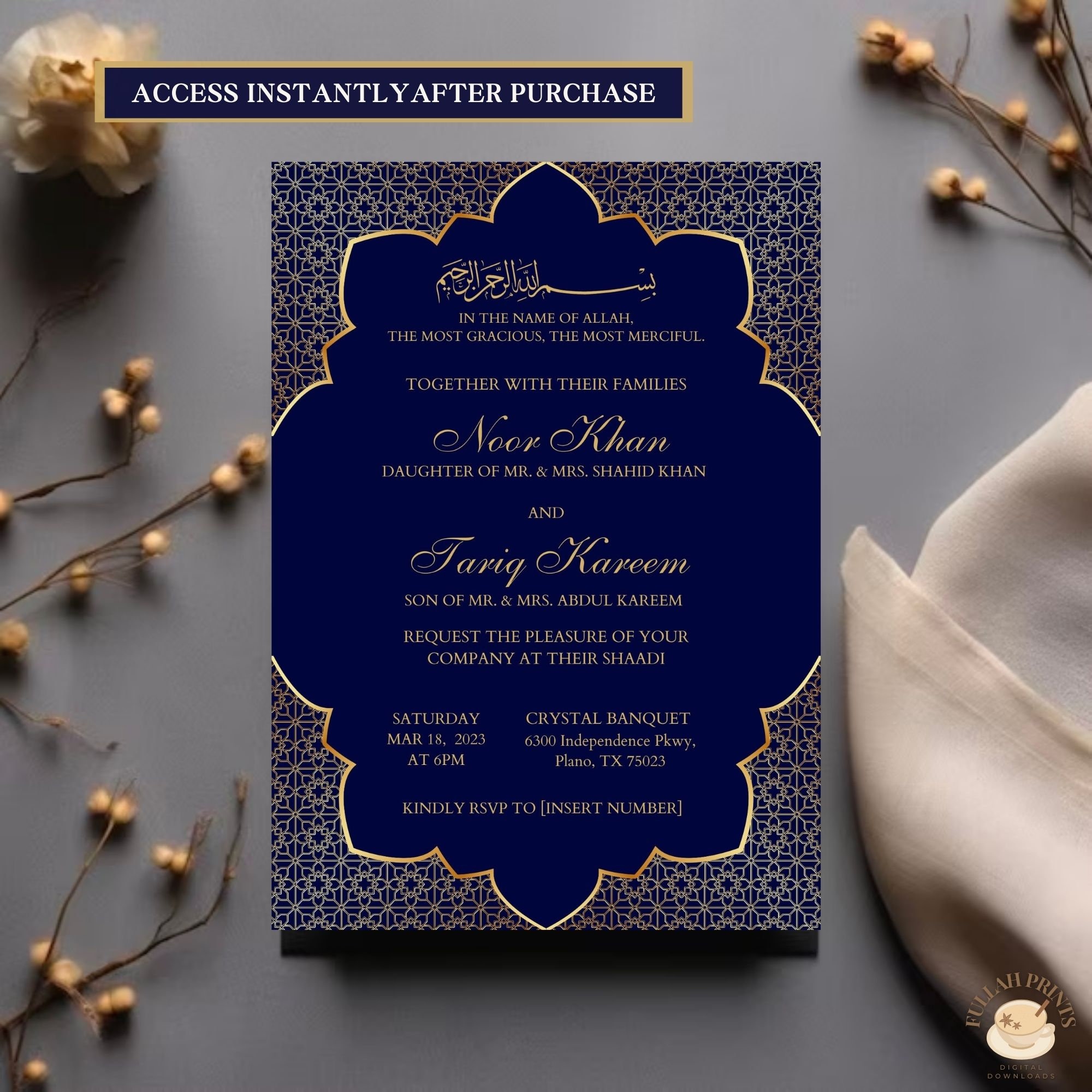 Navy and Gold Islamic Wedding Invitation, Elegant Islamic Wedding ...