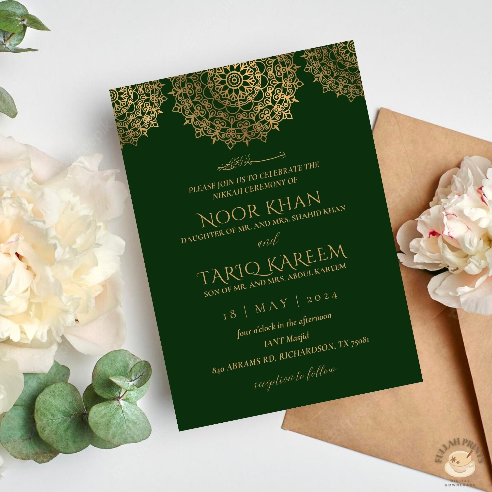 Green and Gold Mandala Islamic Wedding Invitation, Editable Nikkah ...