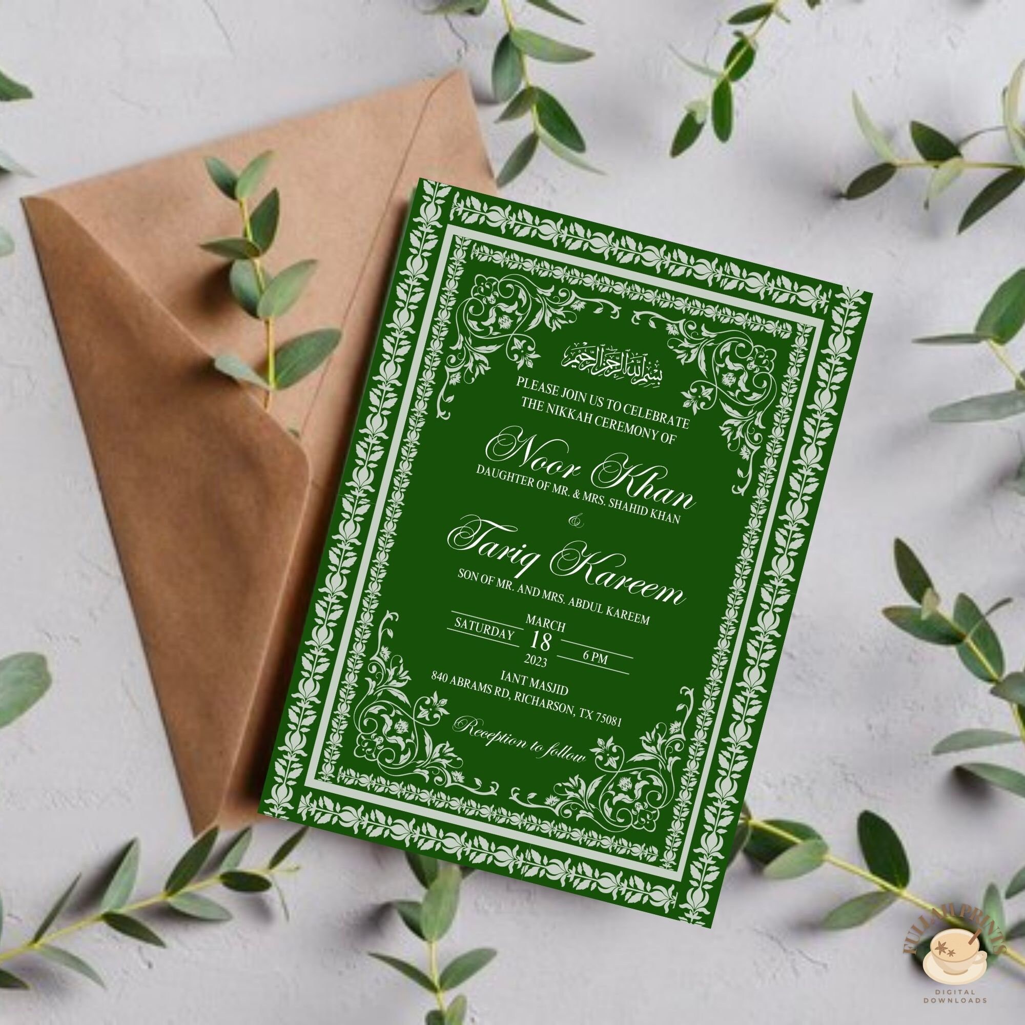 Emerald Green Elegant Nikkah Invitation, Nikkah Evite, Nikkah Invite ...