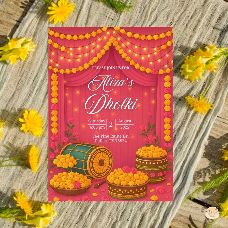 Pink & Yellow Floral Dholki Invitation Template (digital Download) - Etsy