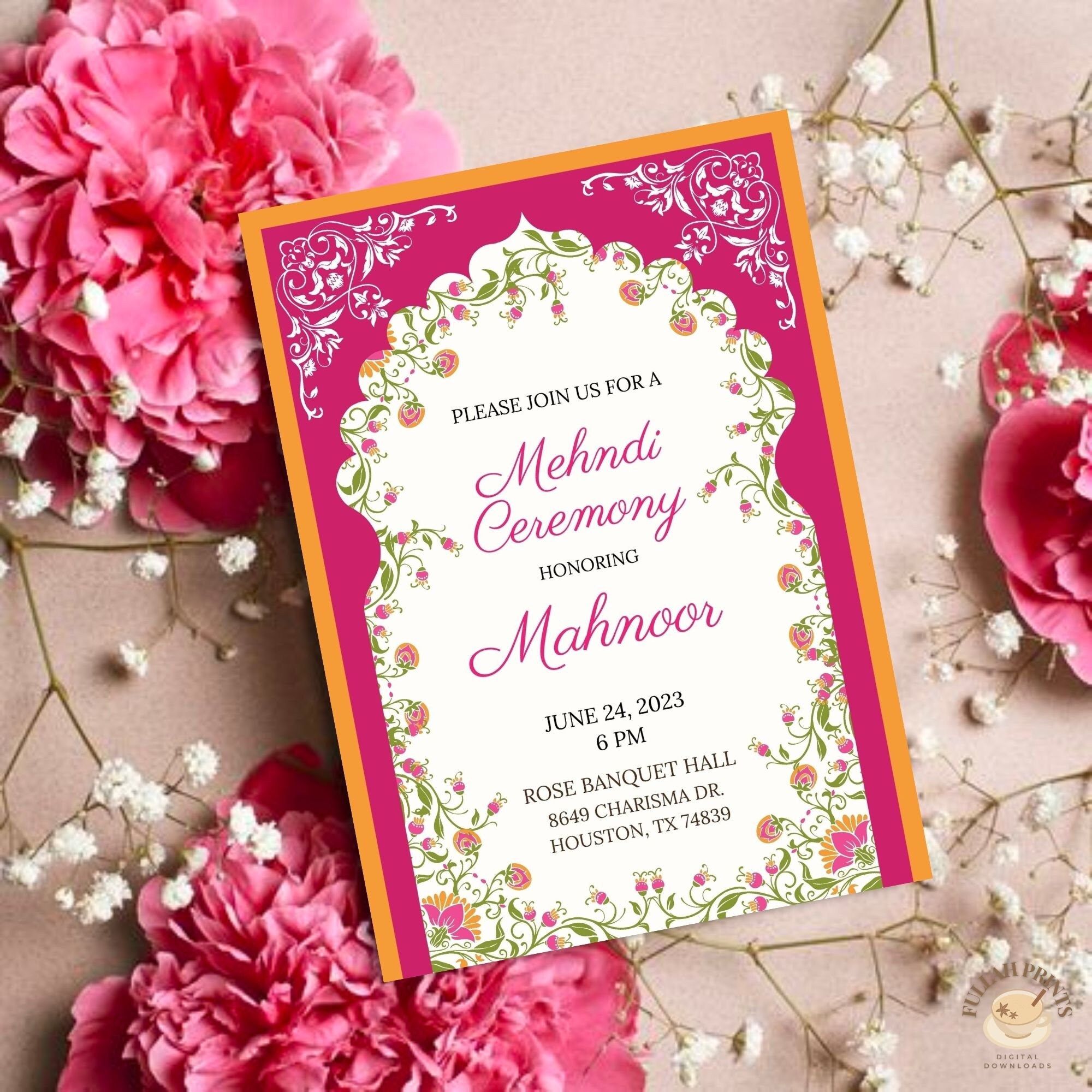 Floral Arch Mehndi Invitation, Dholki Invite, Editable Template, Mehndi ...