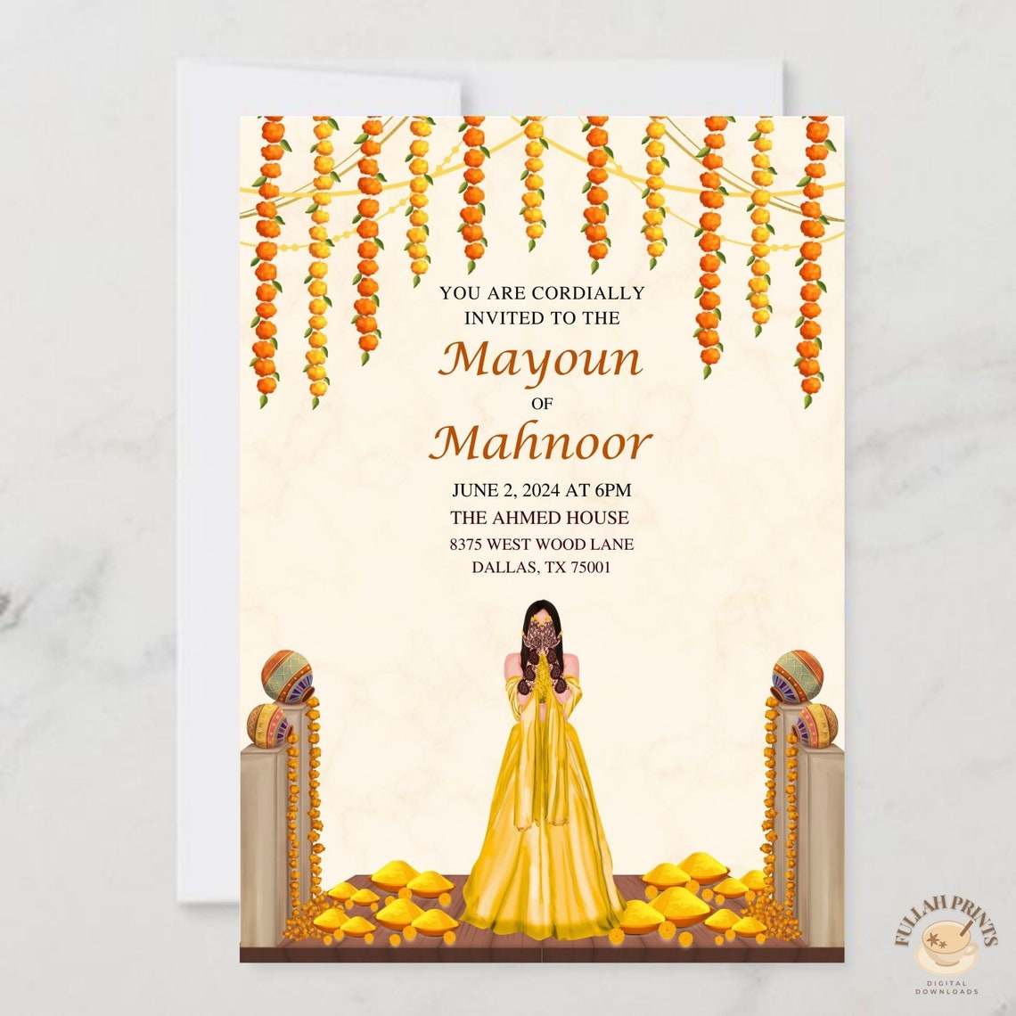 Marigold Mayoun Invitation Template, Mayoun Invite, Dholki Invitation ...