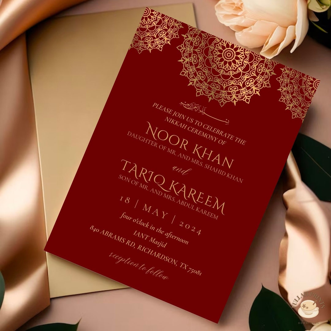 Red and Gold Mandala Islamic Wedding Invitation, Editable Islamic ...