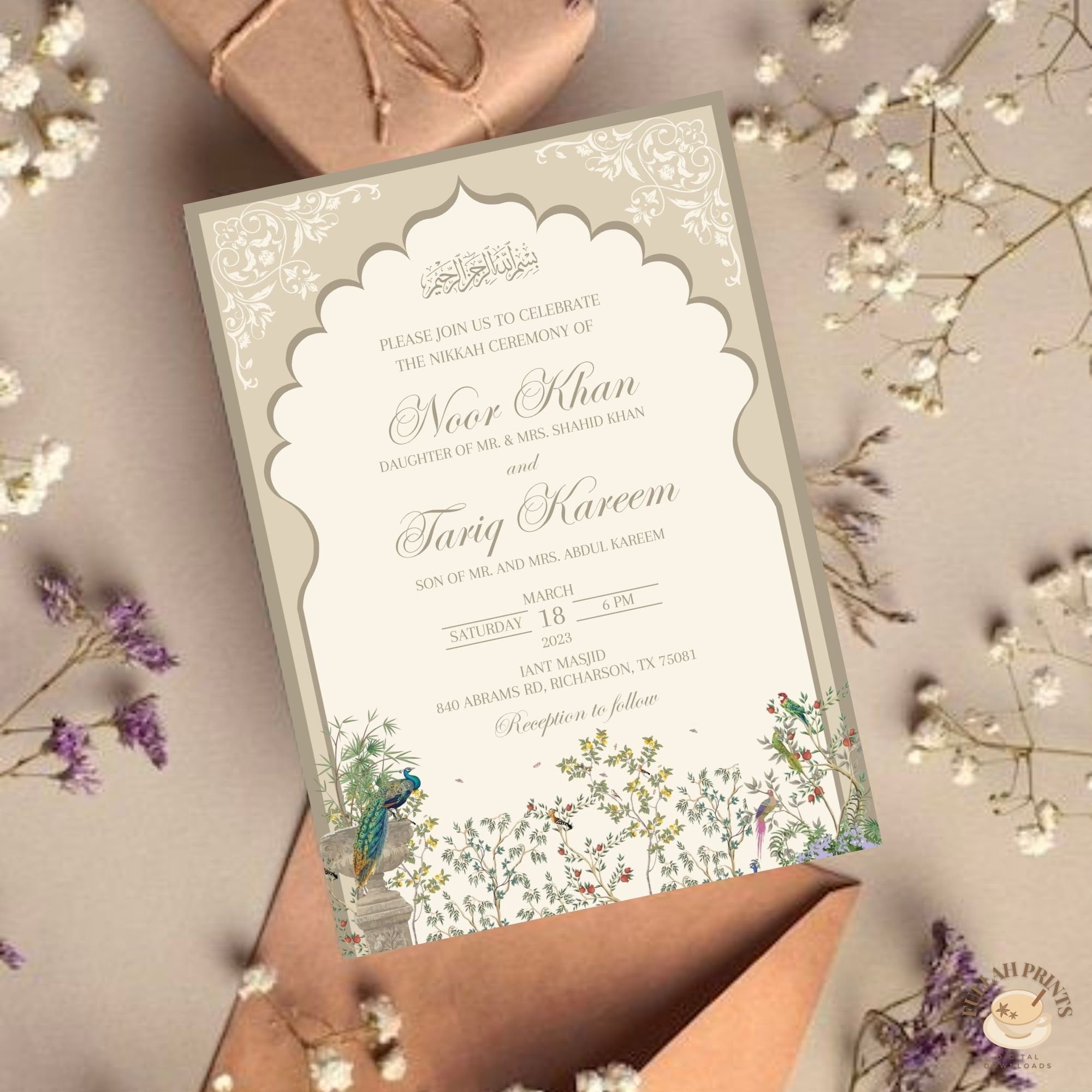 Neutral Mughal Garden Nikkah Invitation, Islamic Wedding Invite ...