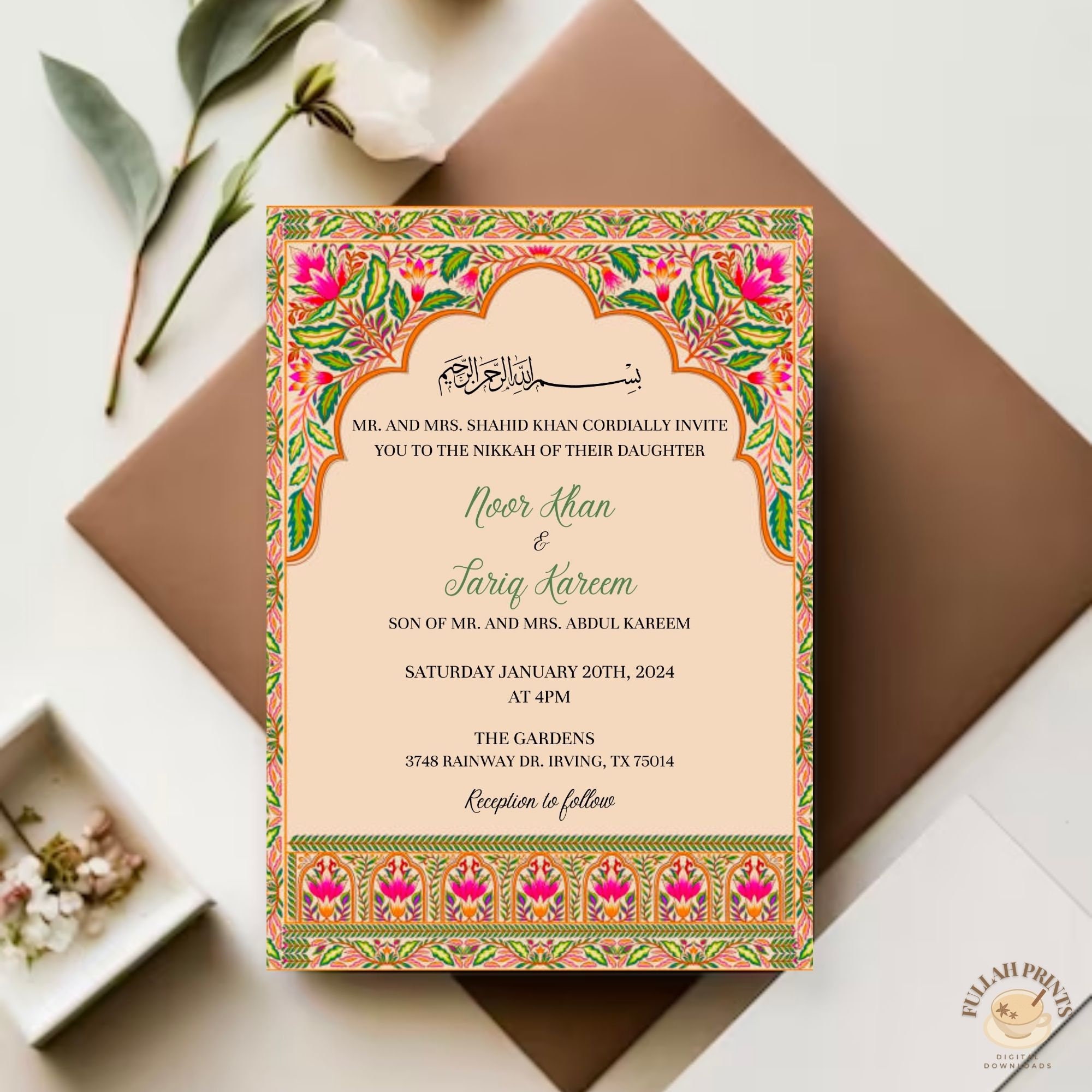 Colorful Mughal Inspired Nikkah Invitation, Islamic Wedding Invitation ...