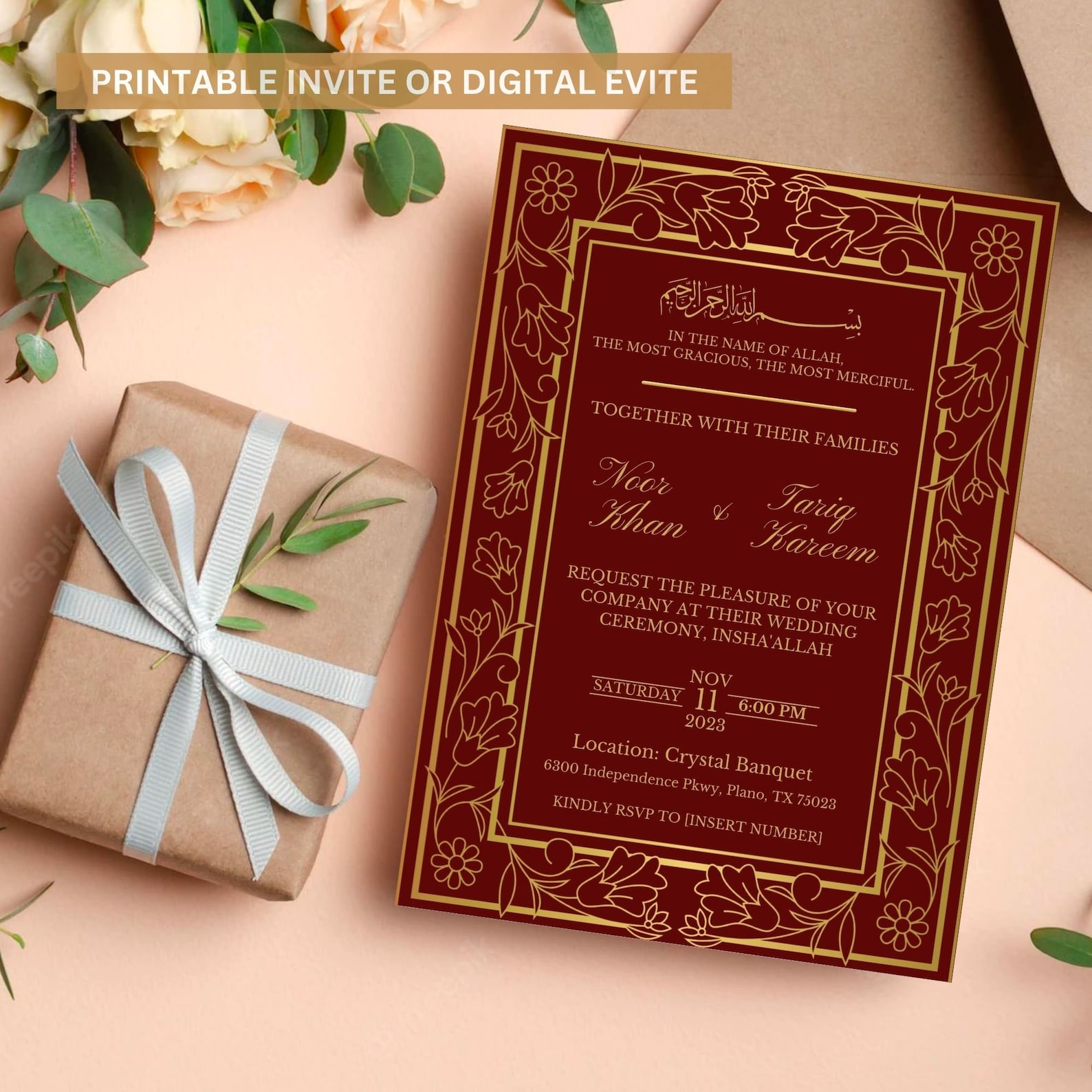 Red and Gold Islamic Wedding Invitation, Traditional Shaadi Invitation ...