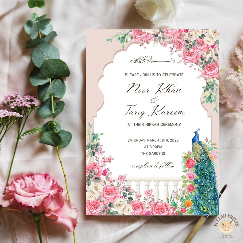Floral Nikkah Invitation, Islamic Wedding Invitation, Pink Nikkah ...