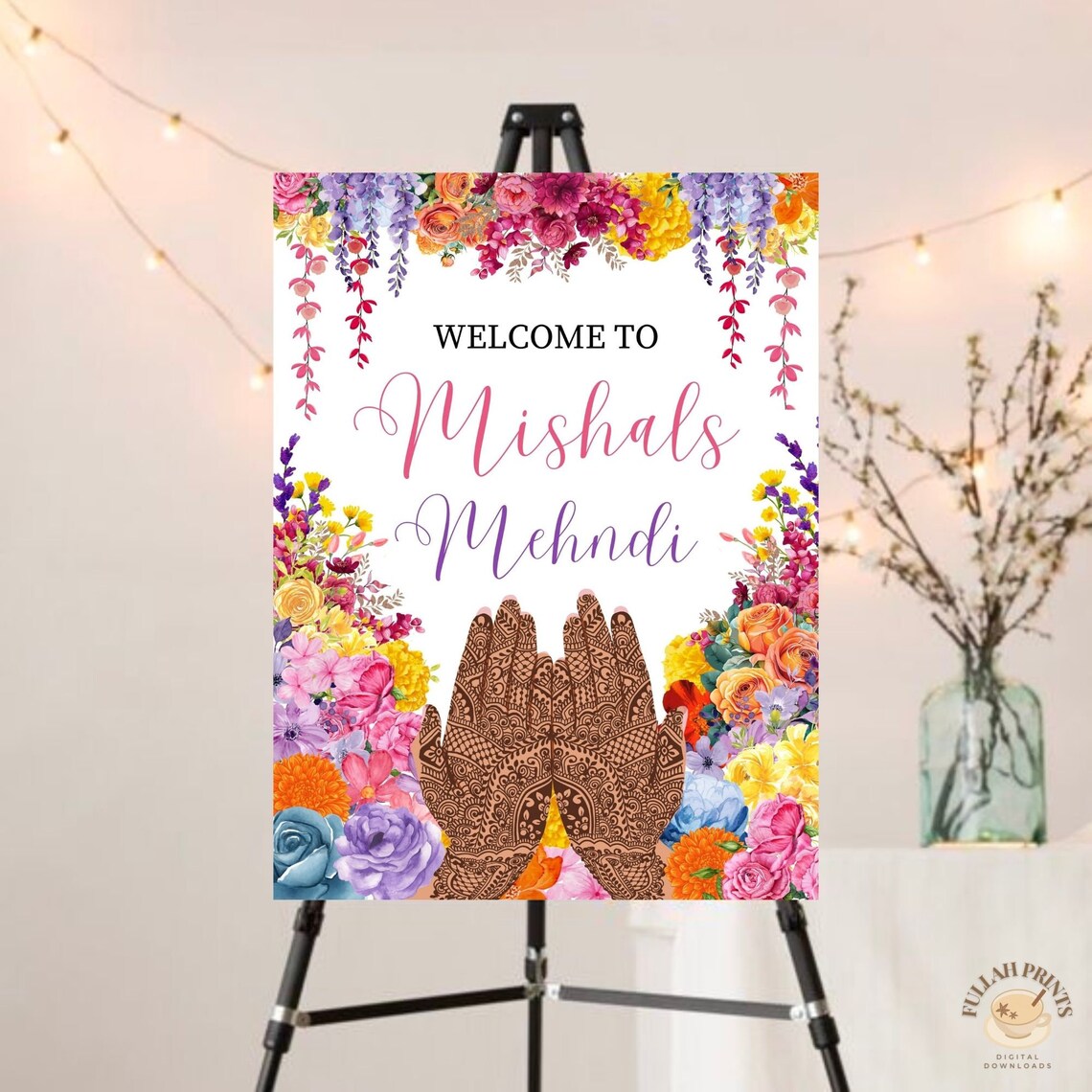 Colorful Floral Mehndi Welcome Sign, Dholki Sign, Mehndi Sign, Mehndi ...