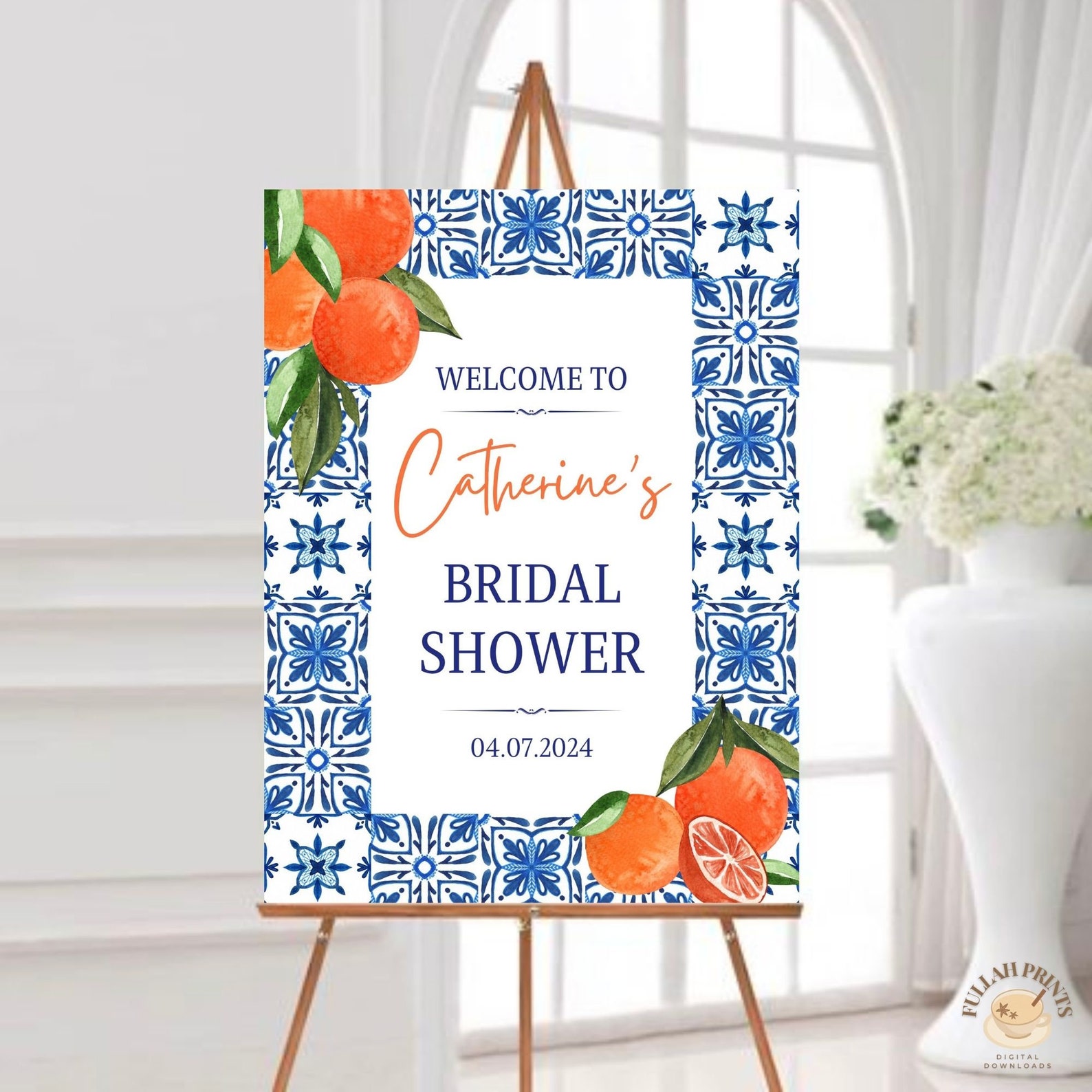 Blue Tile and Oranges Bridal Shower Sign, Positano Blue Tiles ...