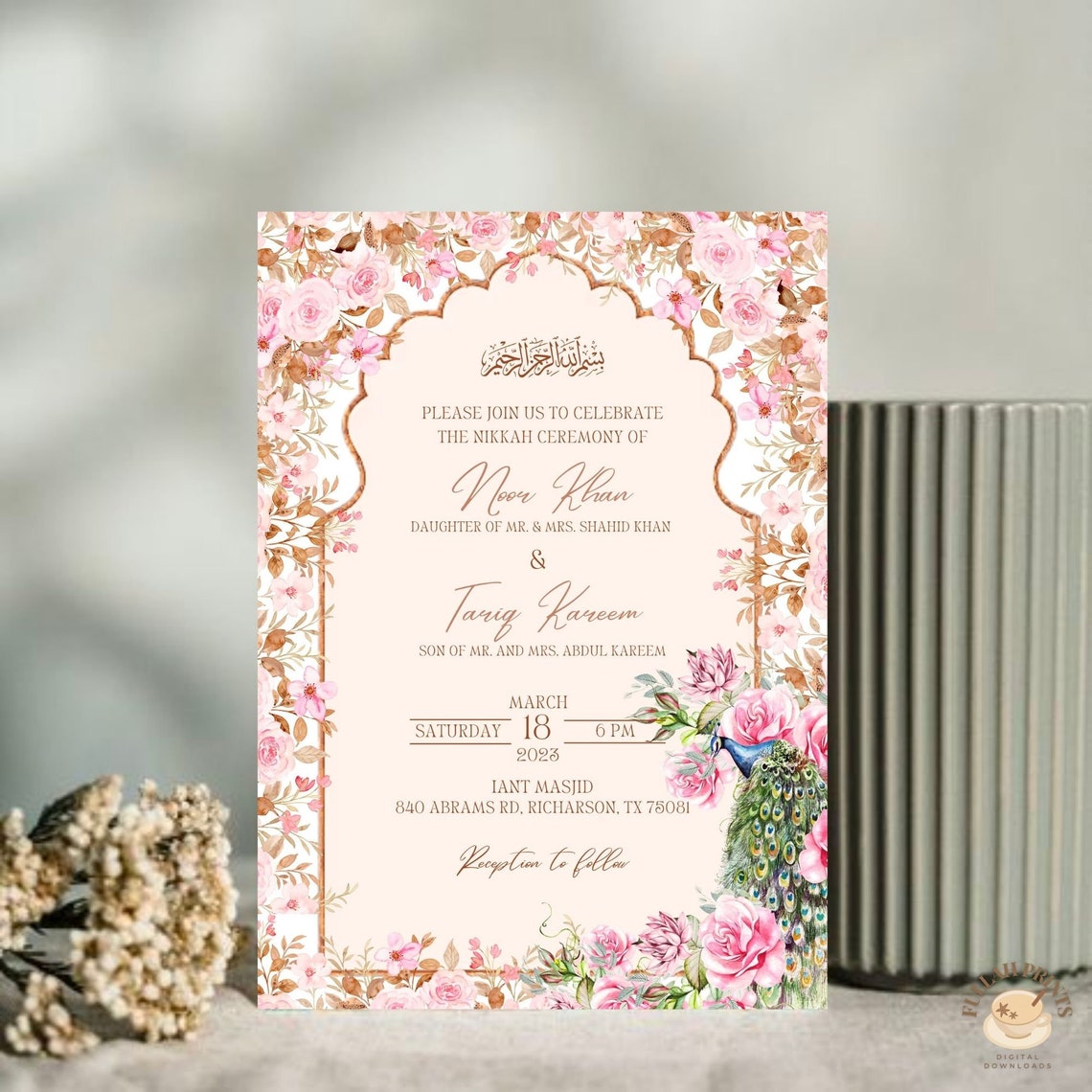 Pink Floral Nikkah Invitation, Digital Nikkah Invite Template, Peacock ...