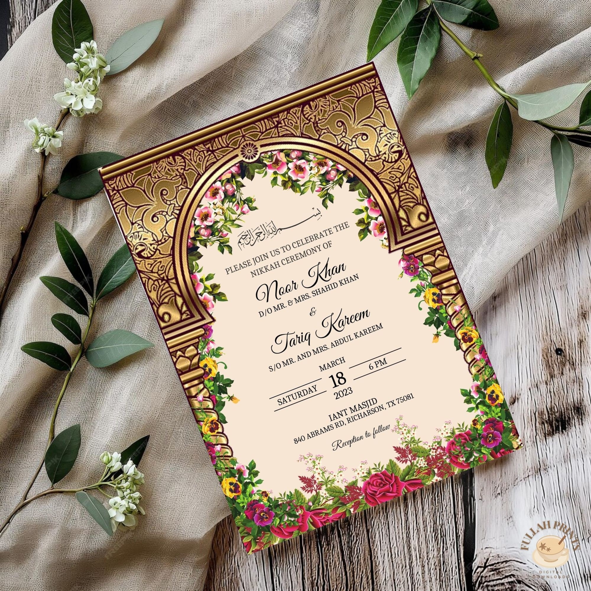 Golden Garden Nikkah Invitation, Floral Nikkah Lnvite, Islamic Wedding ...