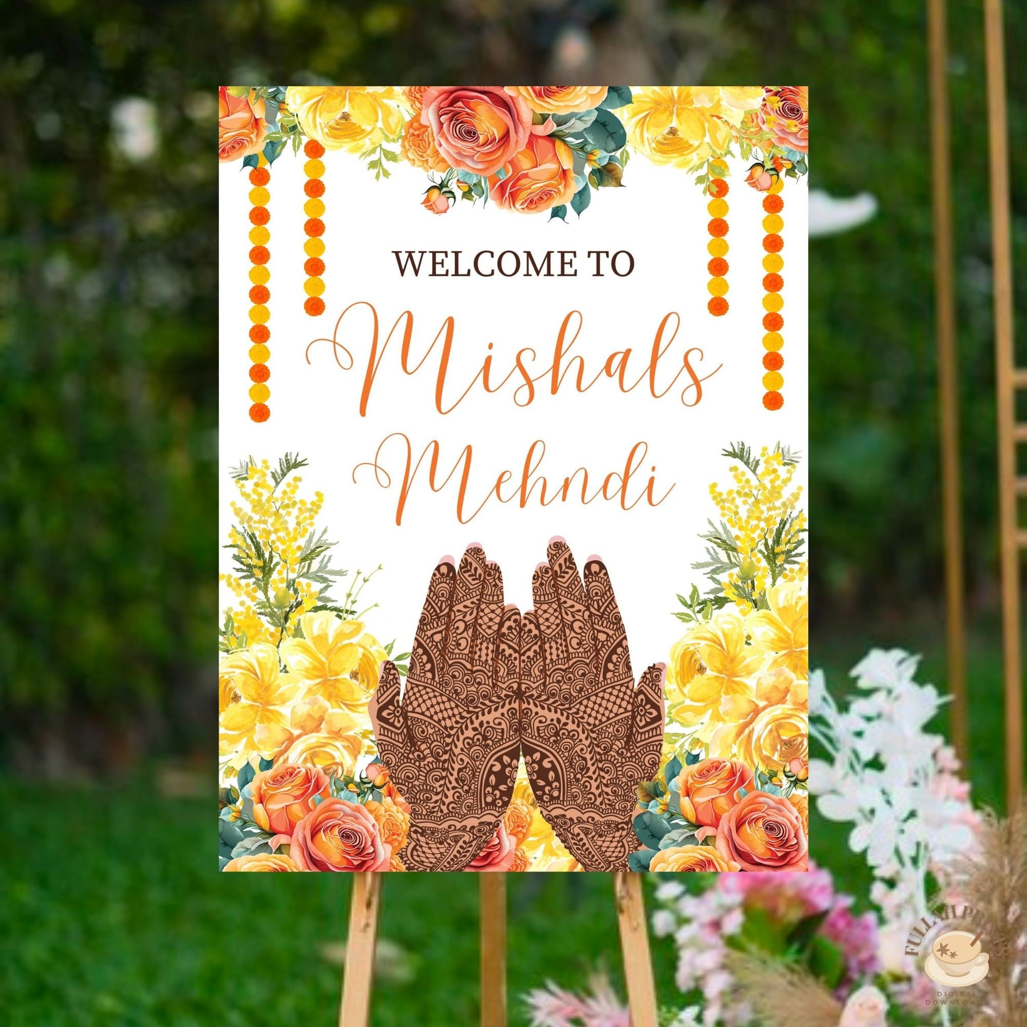 Mehndi Welcome Sign, Yellow and Orange Floral Mehndi Welcome Sign ...