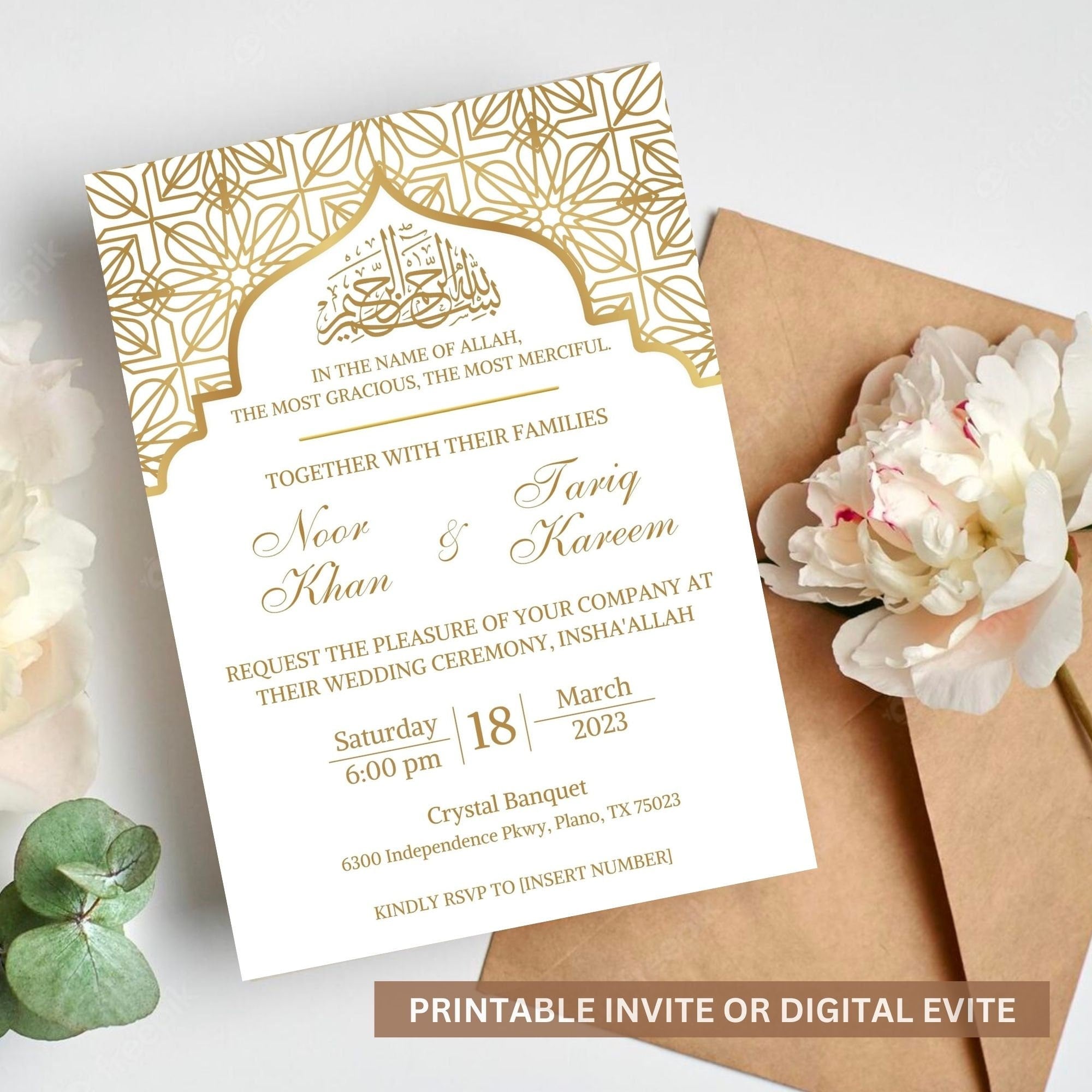 White and Gold Islamic Wedding Invitation Template (digital Download ...