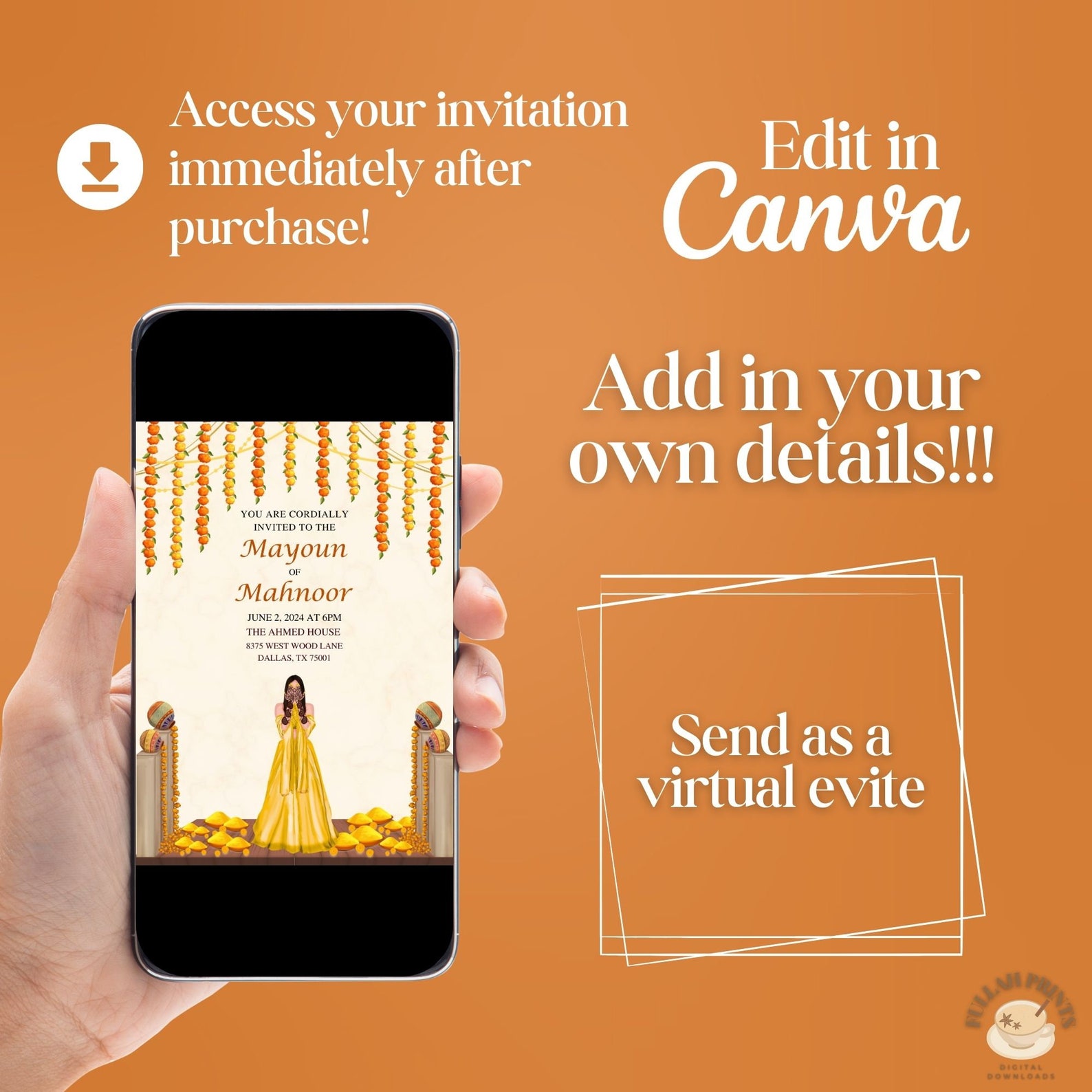 Marigold Mayoun Invitation Template, Mayoun Invite, Dholki Invitation ...