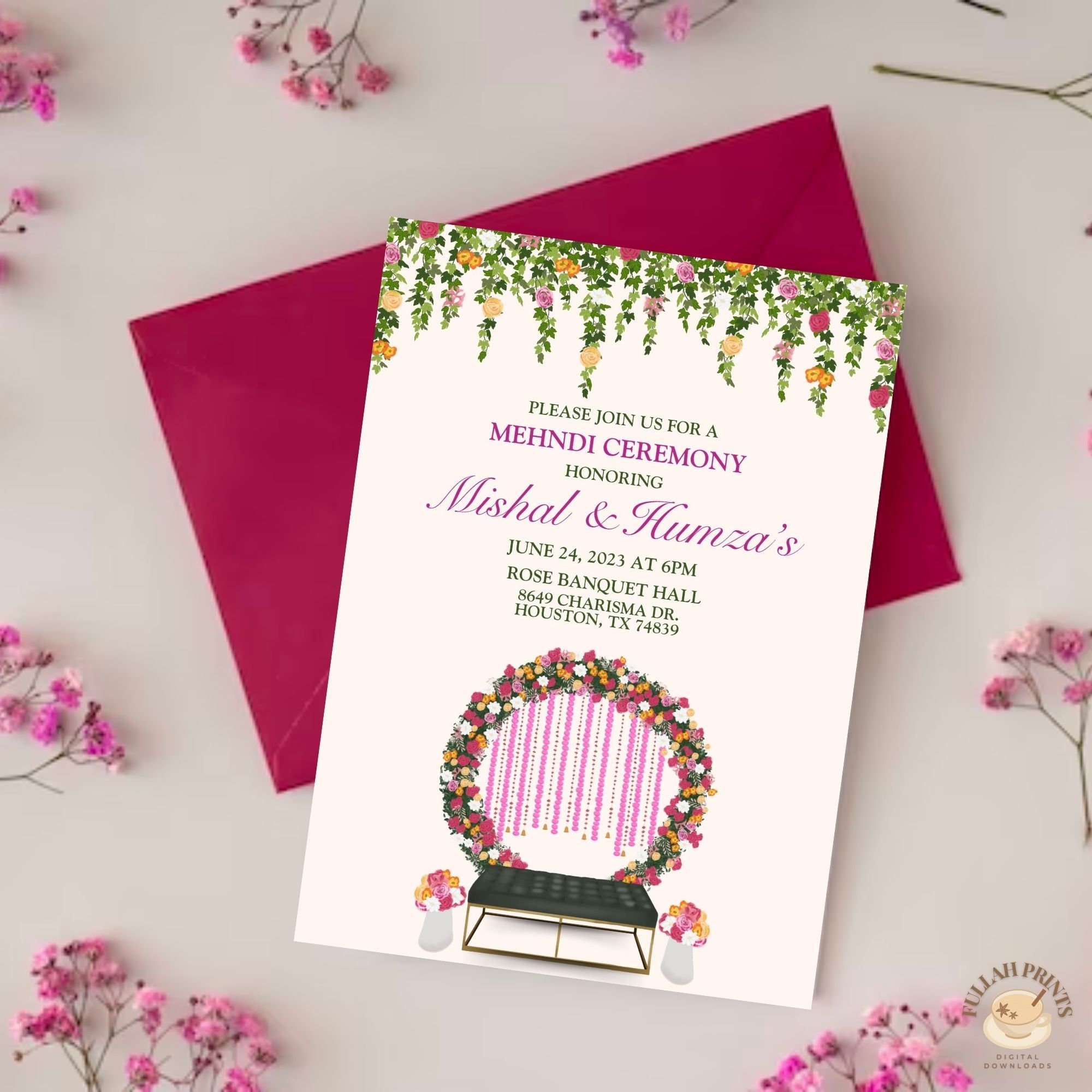 Floral Bench Mehndi Invitation, Mehndi Backdrop Invite, Henna Invite ...