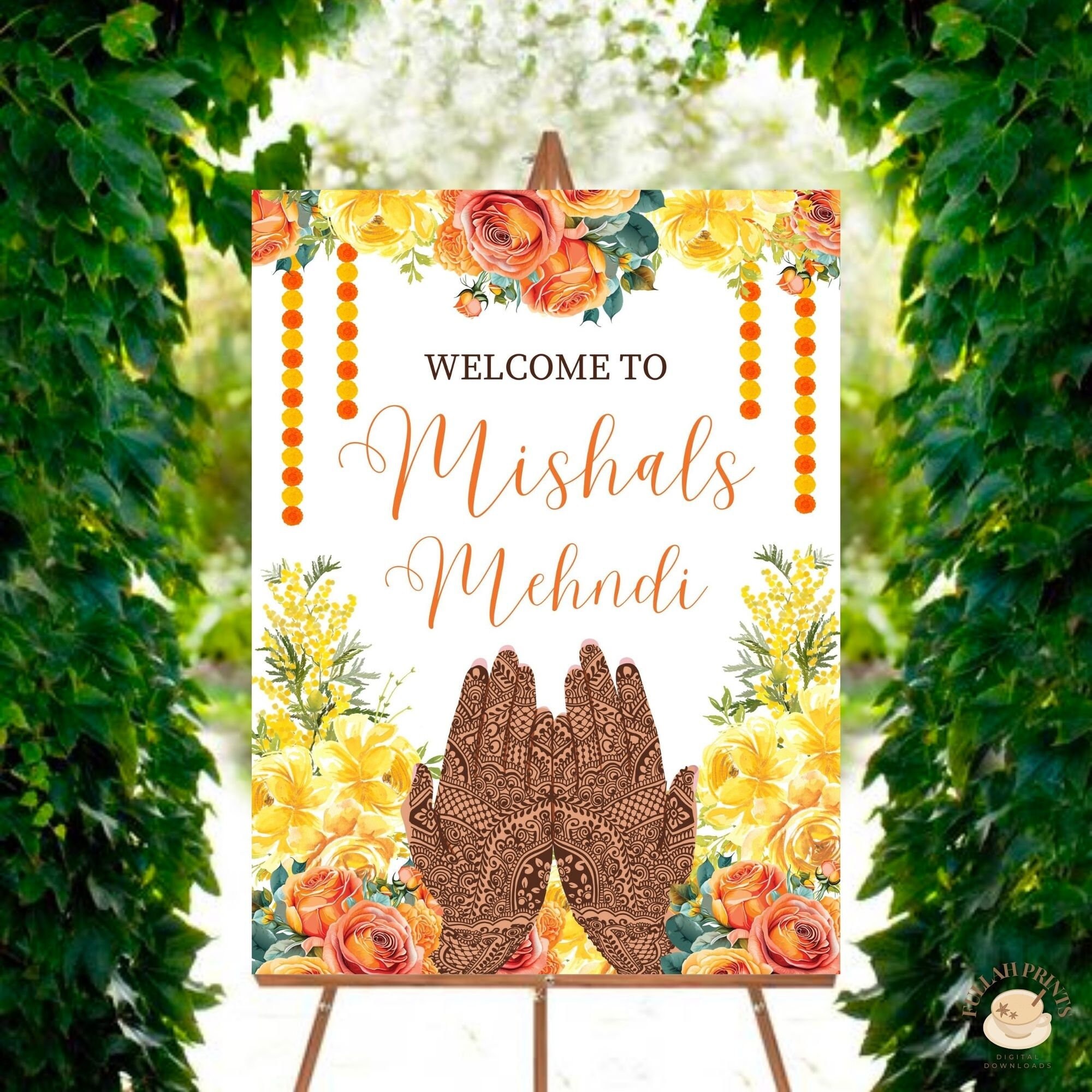 Mehndi Welcome Sign, Yellow and Orange Floral Mehndi Welcome Sign ...