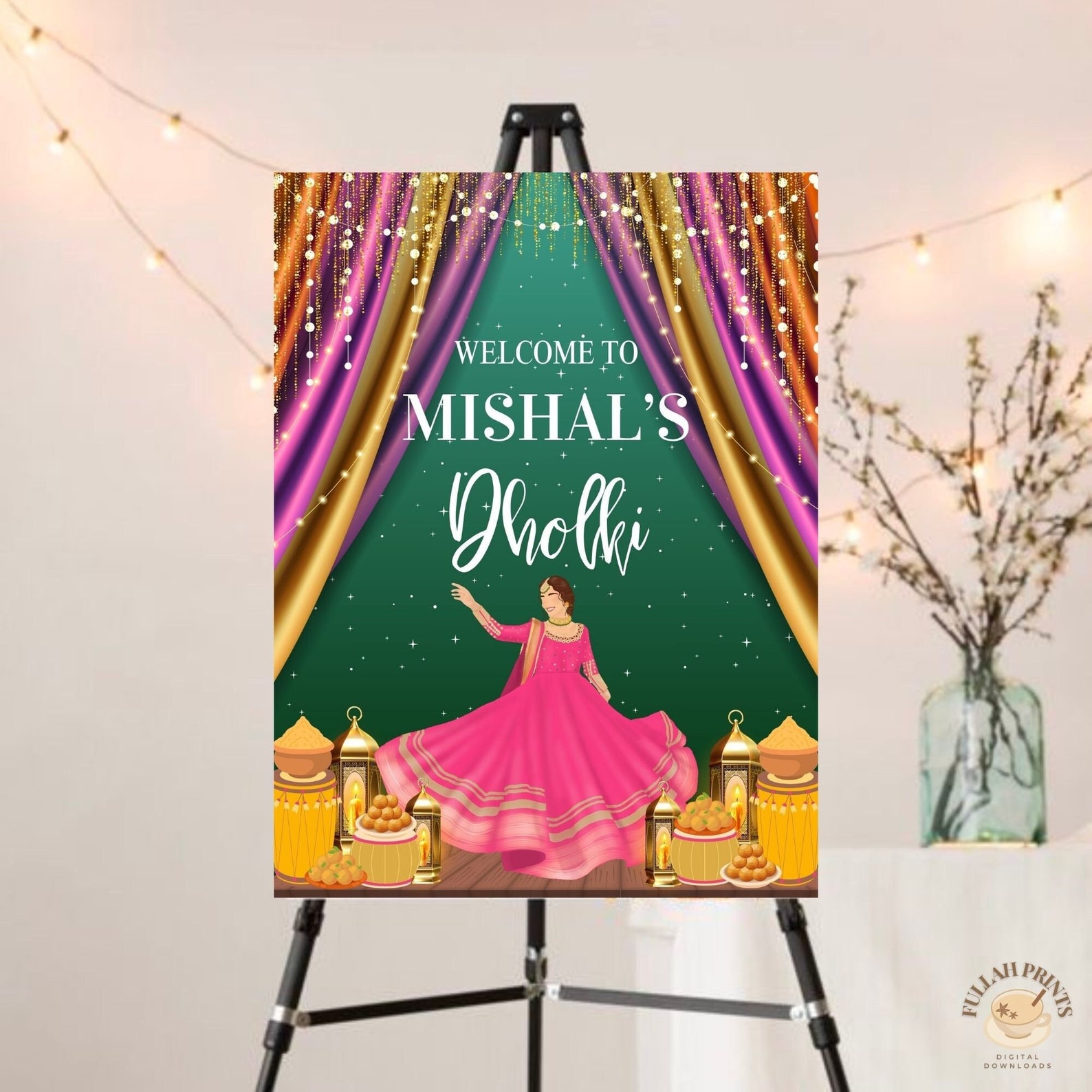 Dholki Welcome Sign: Hand Drawn Bride, Mehndi Night Decor (printable ...