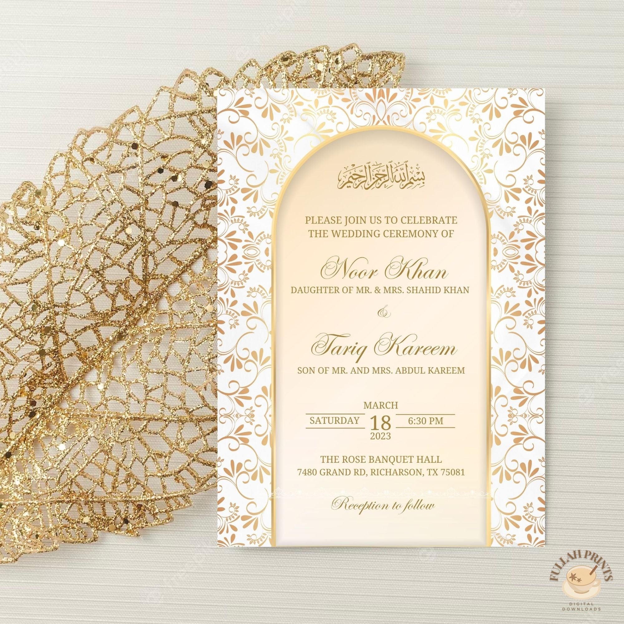 White and Gold Arch Islamic Invitation, Elegant Islamic Invitation ...