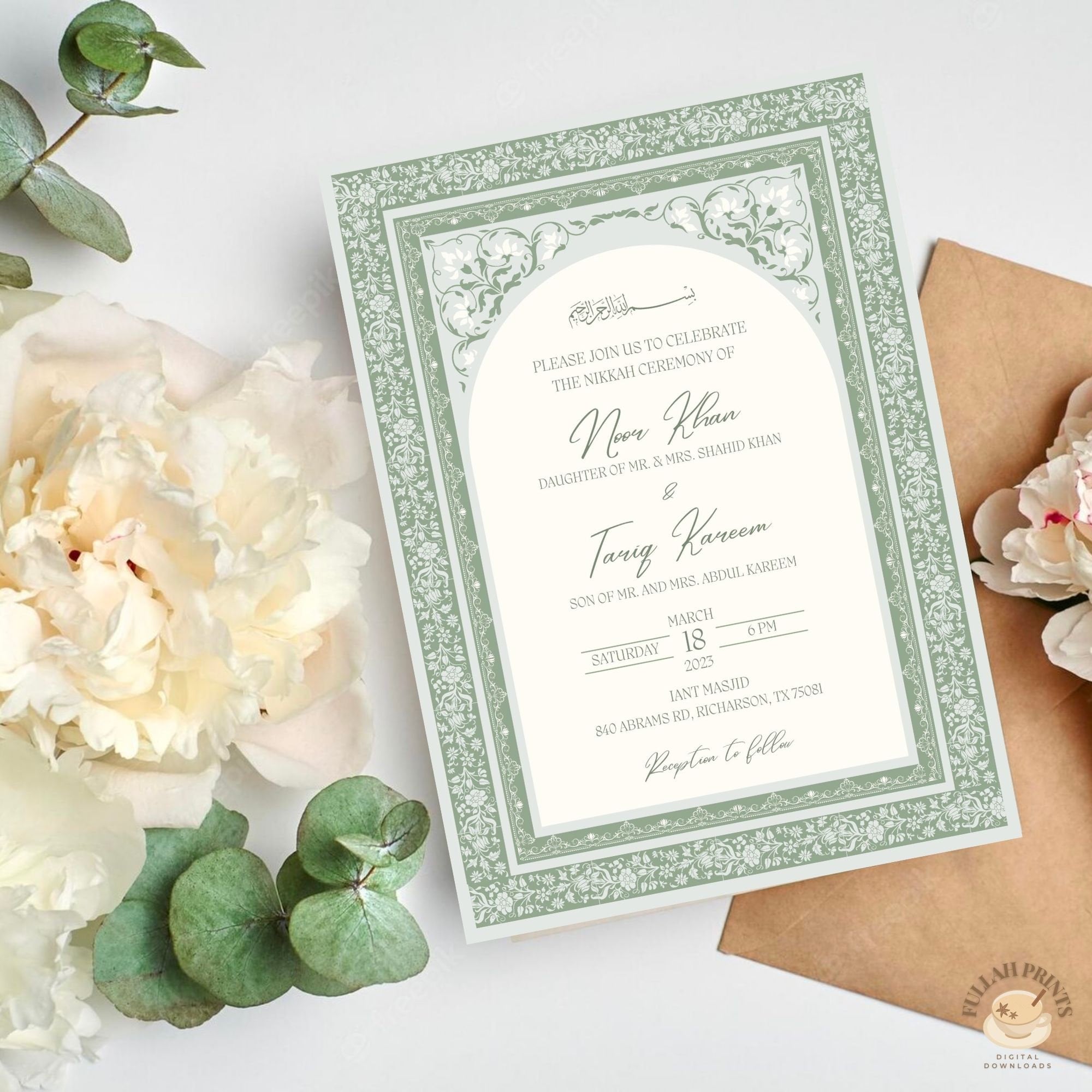 Sage Green Elegant and Luxurious Nikkah Invitation, Nikkah Evite ...