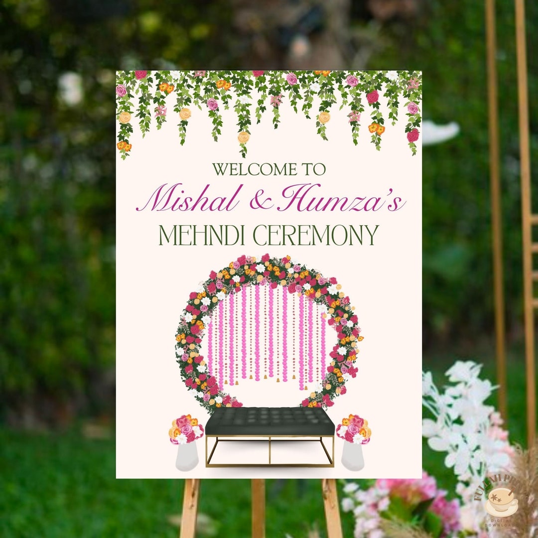 Mehndi Bench Mehndi Welcome Sign, Dholki Sign, Mayoun Sign, Floral ...