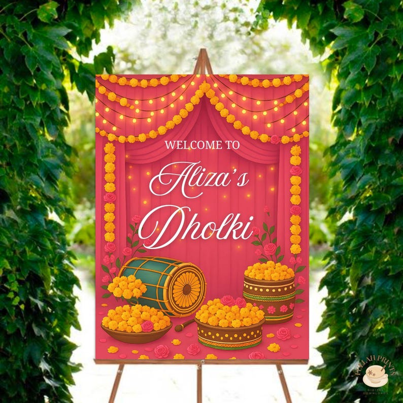 Pink and Yellow Dholki Welcome Sign: Traditional Mehndi Decor (PDF ...