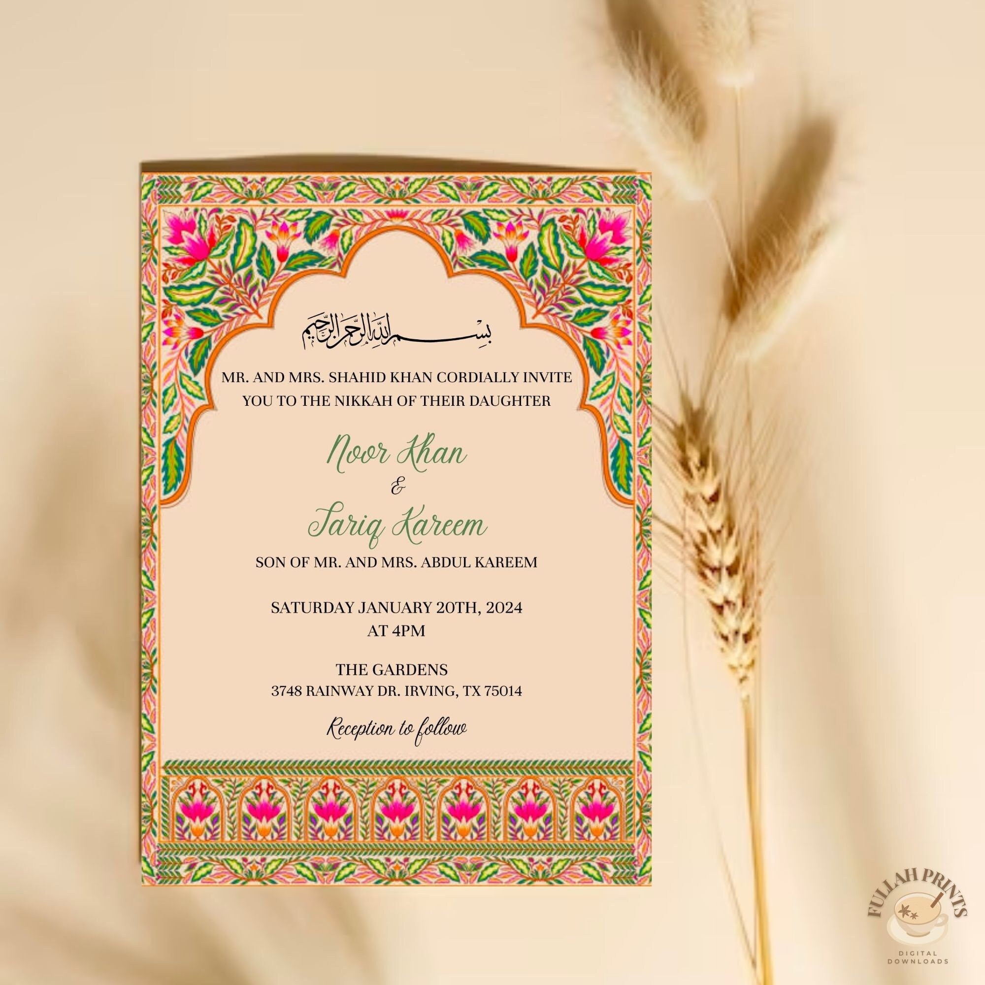 Colorful Mughal Inspired Nikkah Invitation, Islamic Wedding Invitation ...