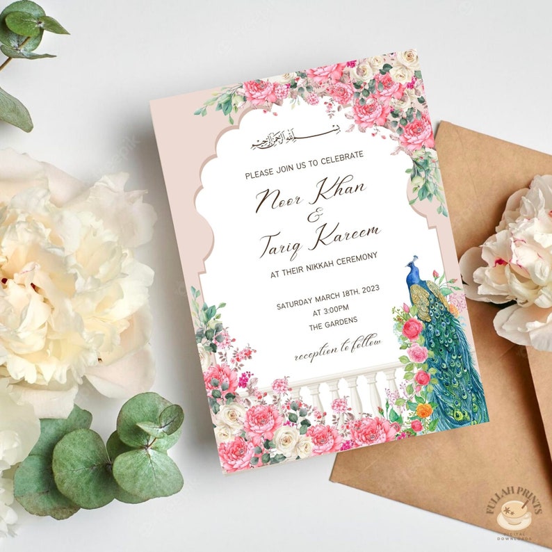 Floral Nikkah Invitation, Islamic Wedding Invitation, Pink Nikkah ...