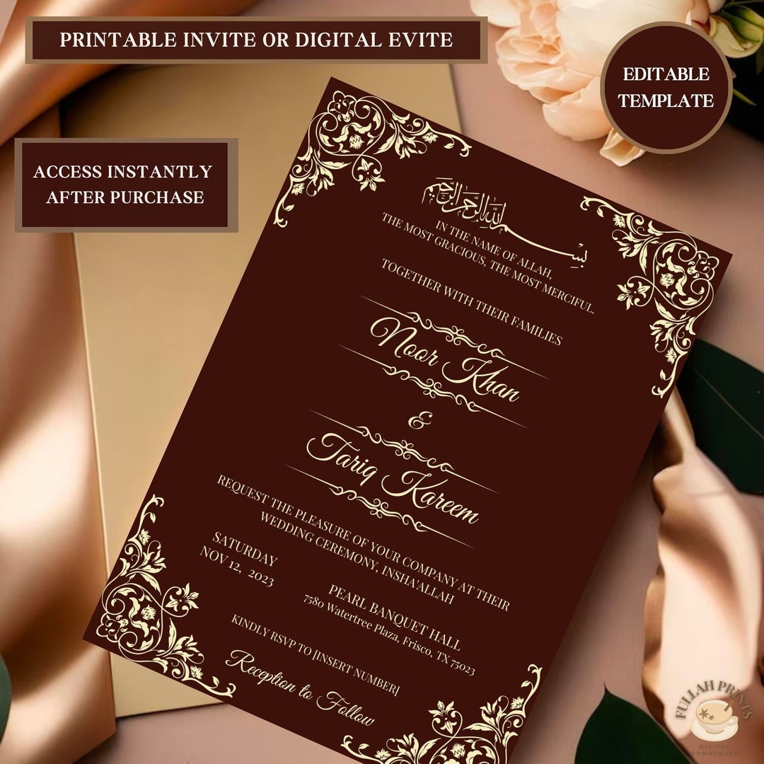 Elegant Maroon Islamic Wedding Invitation, Traditional Islamic Wedding ...