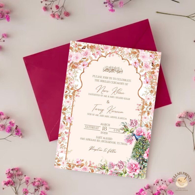 Pink Floral Nikkah Invitation, Digital Nikkah Invite Template, Peacock ...