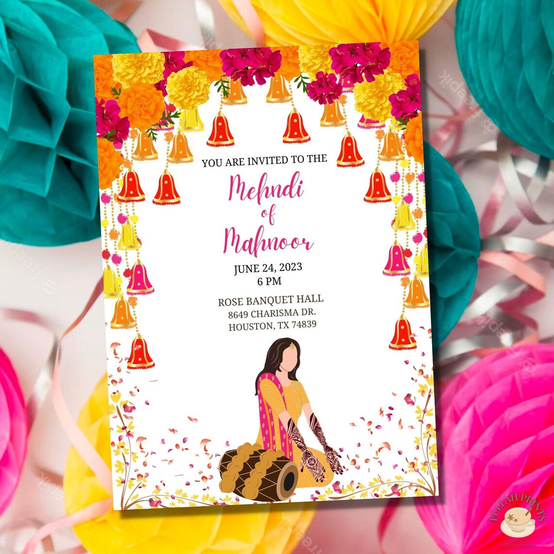 Floral Mehndi Invitation, Dholki Invitation, Editable Template, Mehndi ...