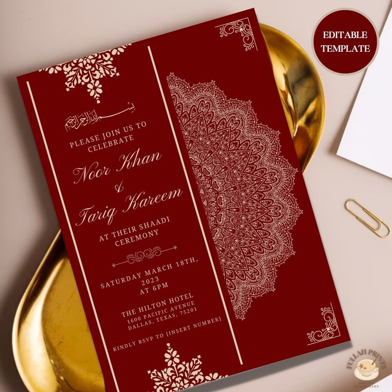 Red and Beige Shaadi Invitation, Islamic Wedding Invitation Template ...
