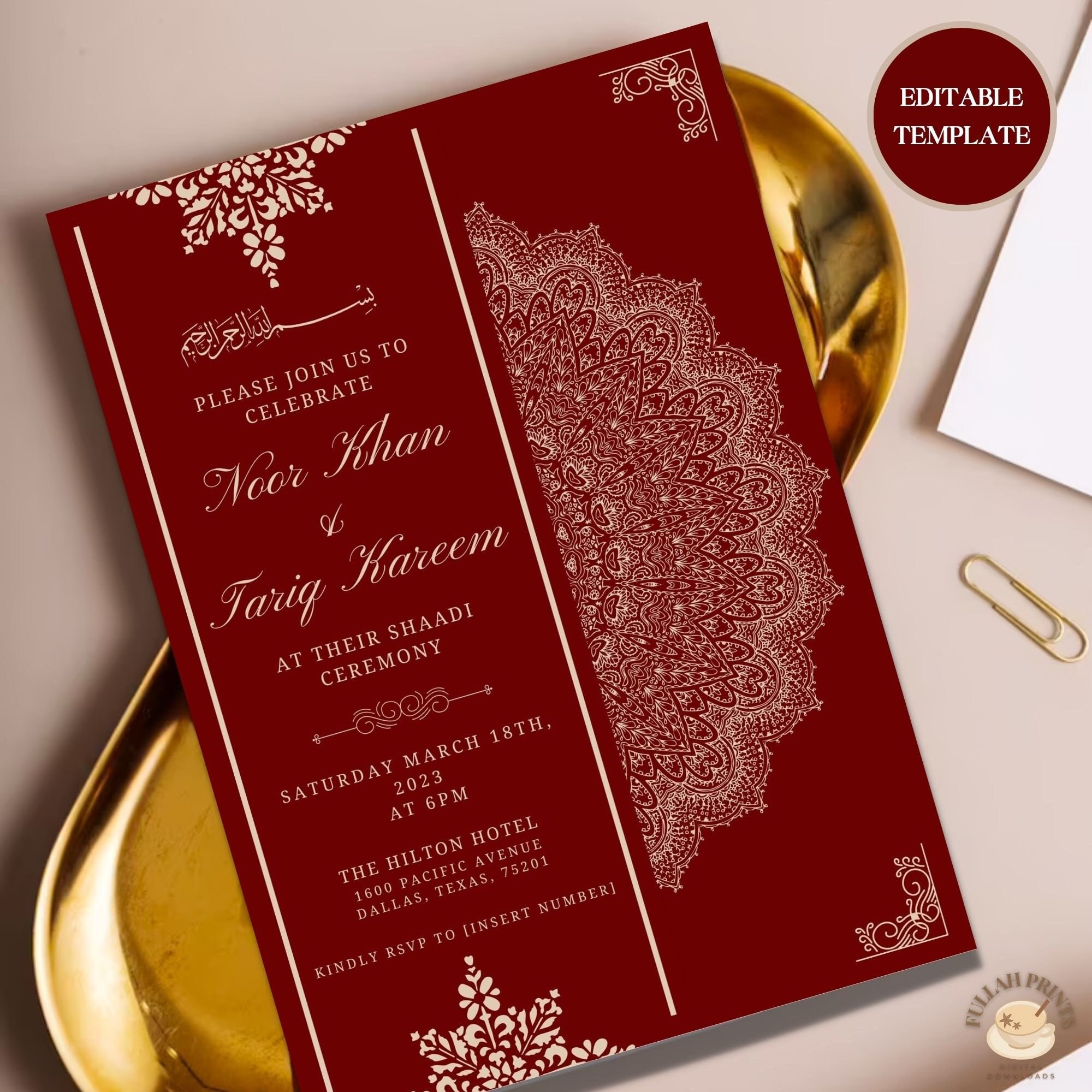 Red and Beige Shaadi Invitation, Islamic Wedding Invitation Template ...