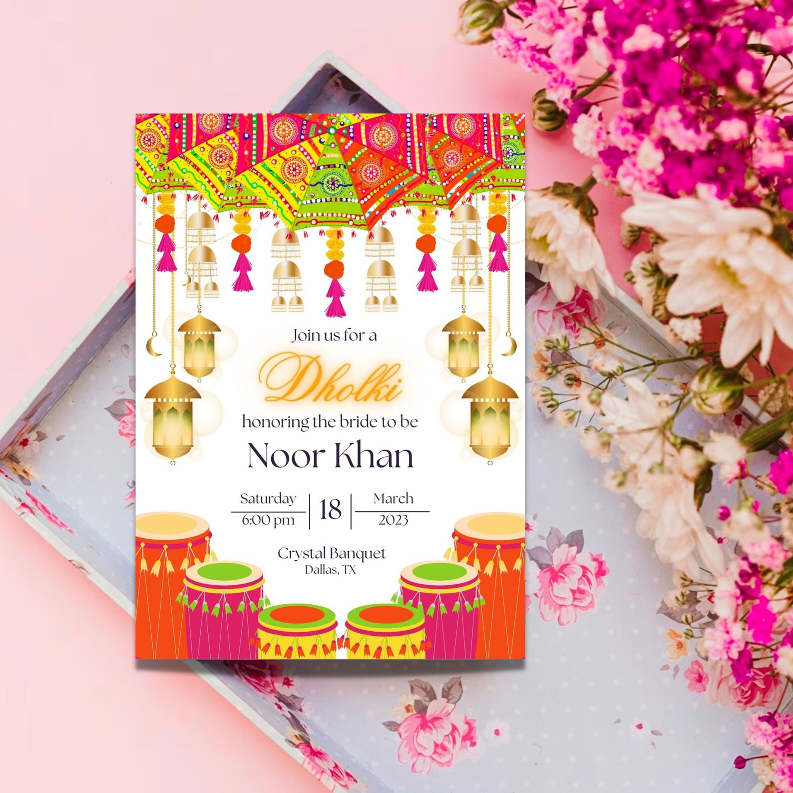 Dholki Invitation, Dholki Evite, Dholki Invitation Template, Editable ...