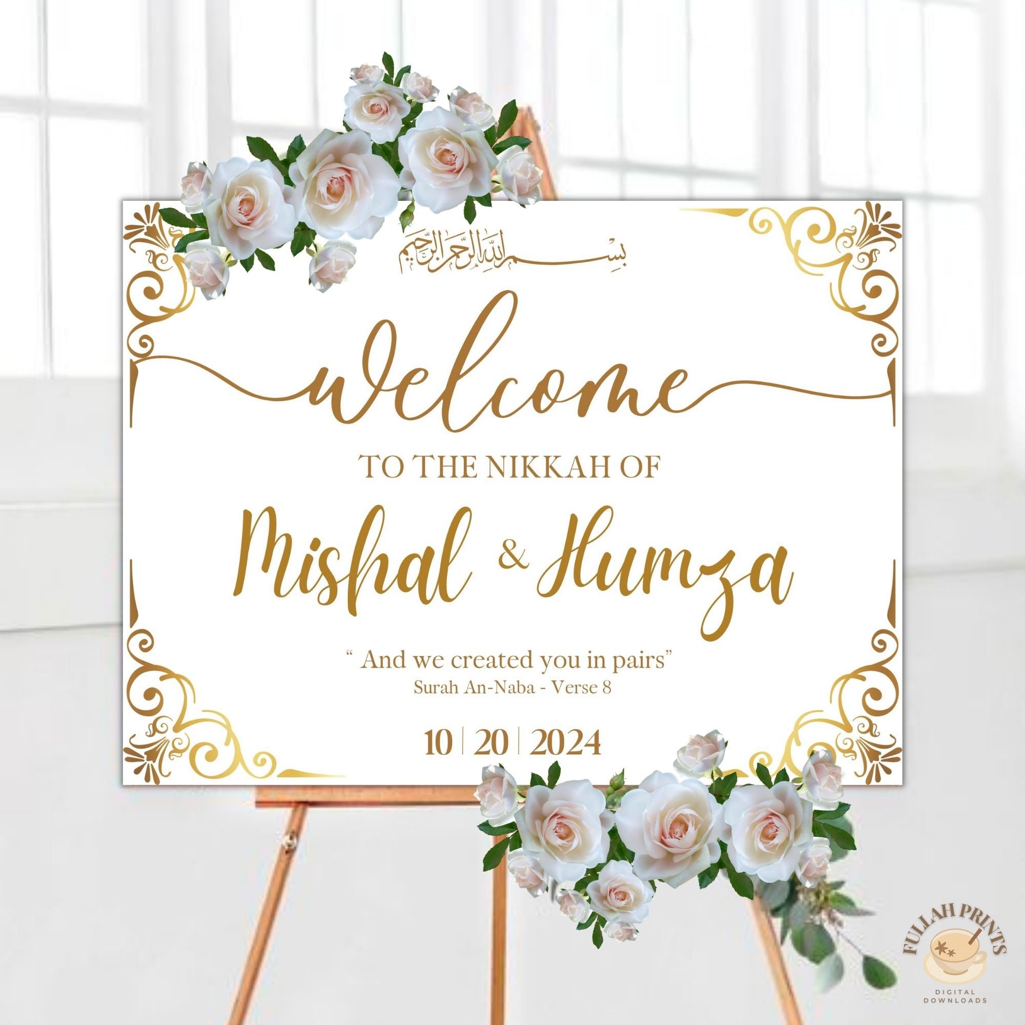 White and Gold Nikkah Welcome Sign, Elegant Islamic Wedding Welcome ...