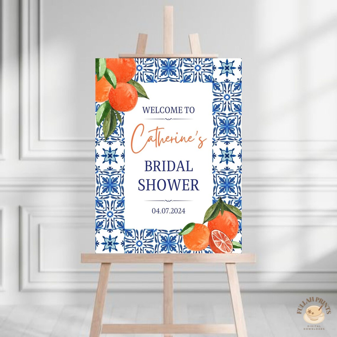 Blue Tile and Oranges Bridal Shower Sign, Positano Blue Tiles ...
