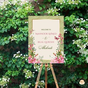 Pink and Green Jaipur Mehndi Welcome Sign, Mughal Mehndi Welcome Sign ...