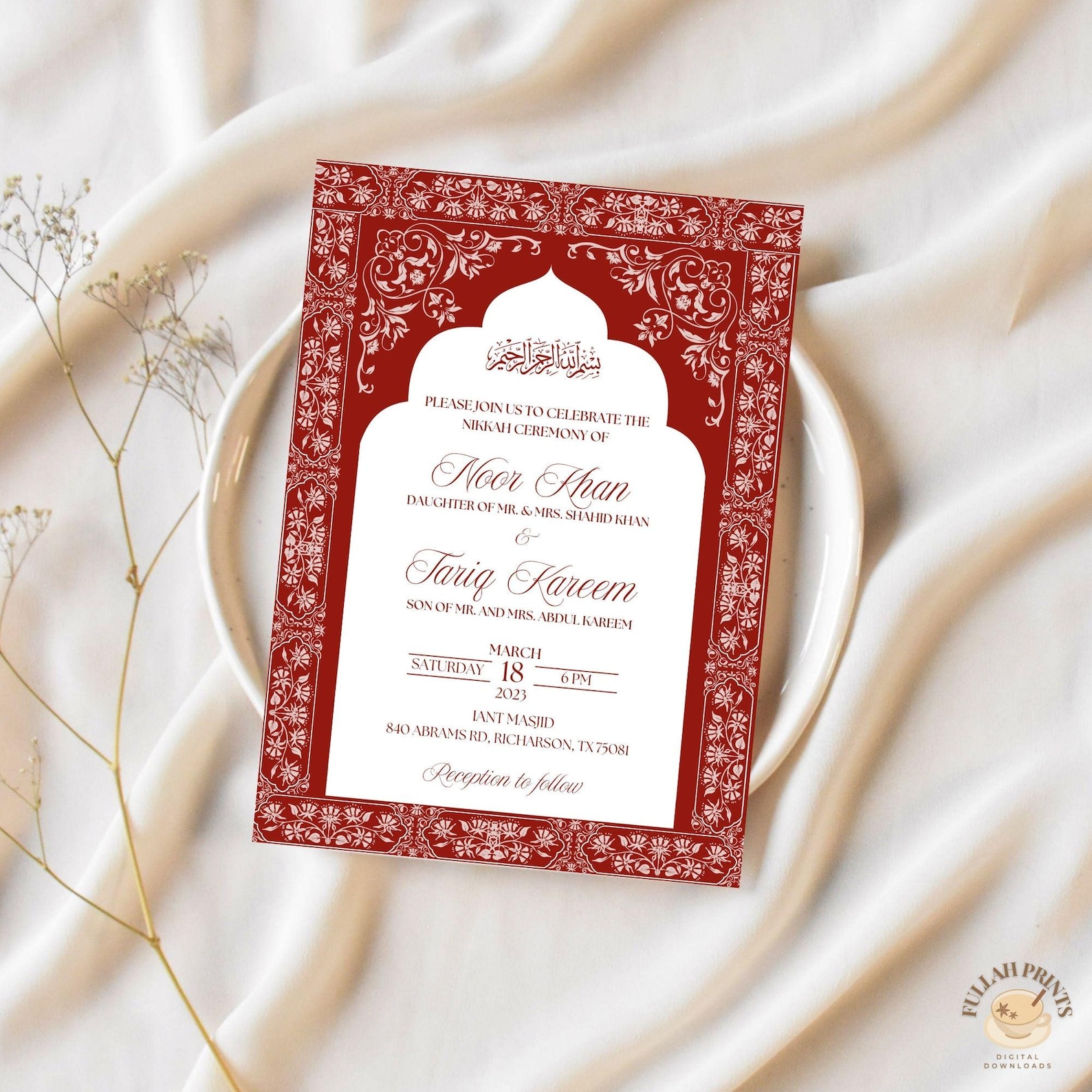 Red Elegant Nikkah Invitation, Maroon Nikkah Invite, Nikkah Invitation ...