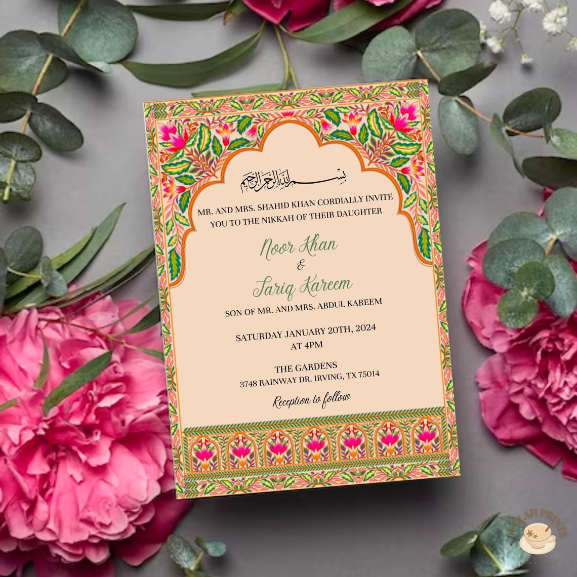 Colorful Mughal Inspired Nikkah Invitation, Islamic Wedding Invitation ...