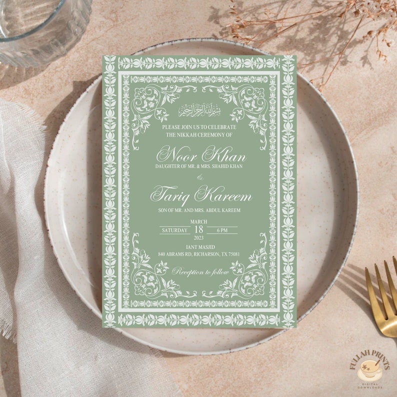 Sage Green Elegant Nikkah Invitation, Nikkah Evite, Pastel Nikkah ...