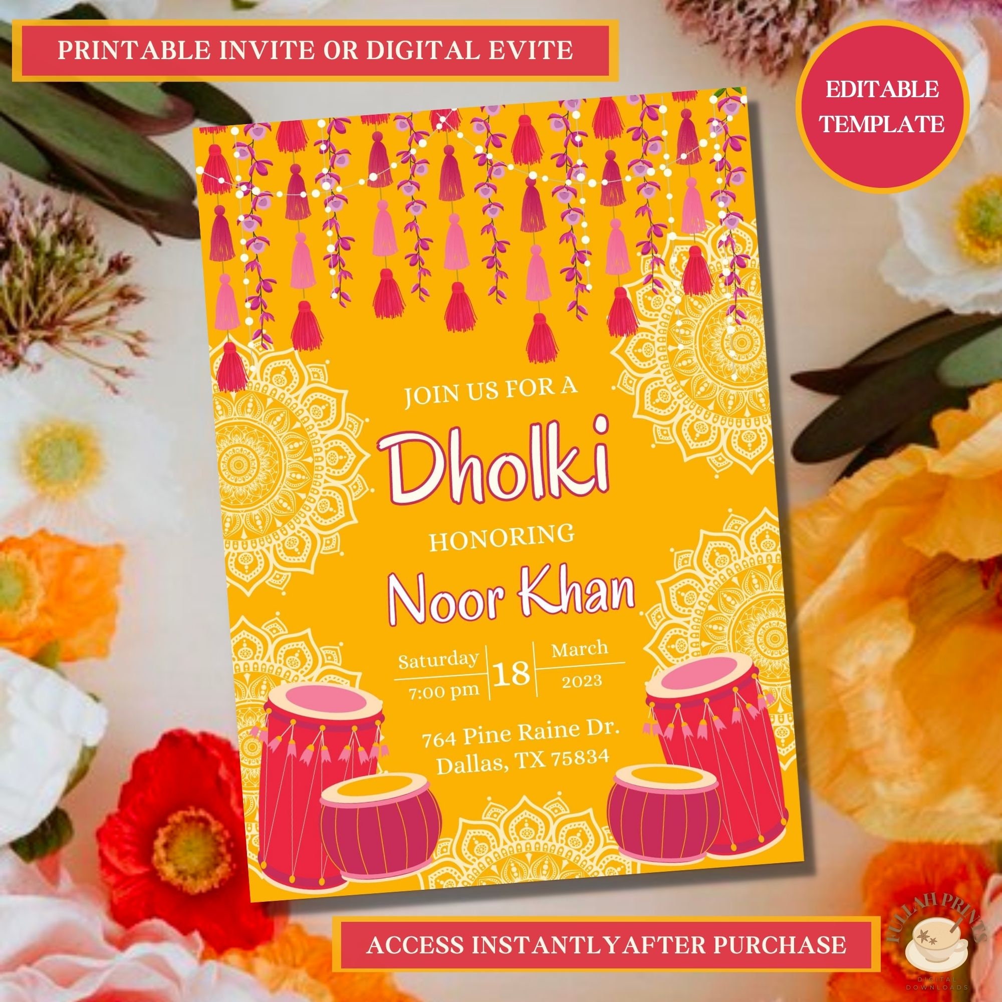 Dholki Invitation, Dholki Evite, Dholki Invitation Template, Editable ...