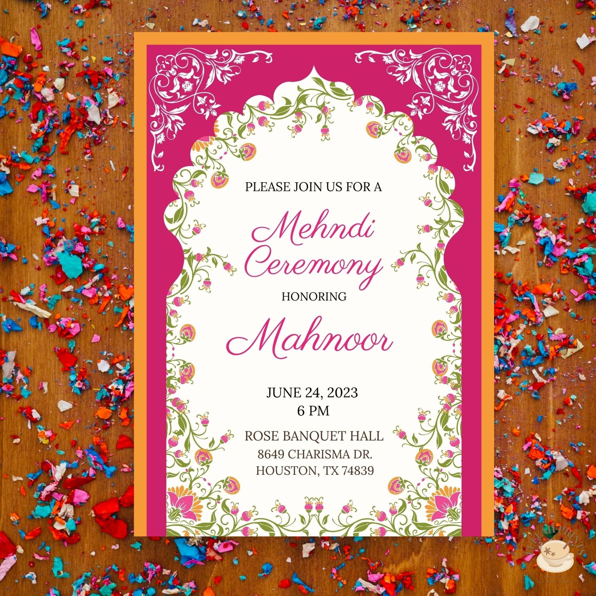 Floral Arch Mehndi Invitation, Dholki Invite, Editable Template, Mehndi ...
