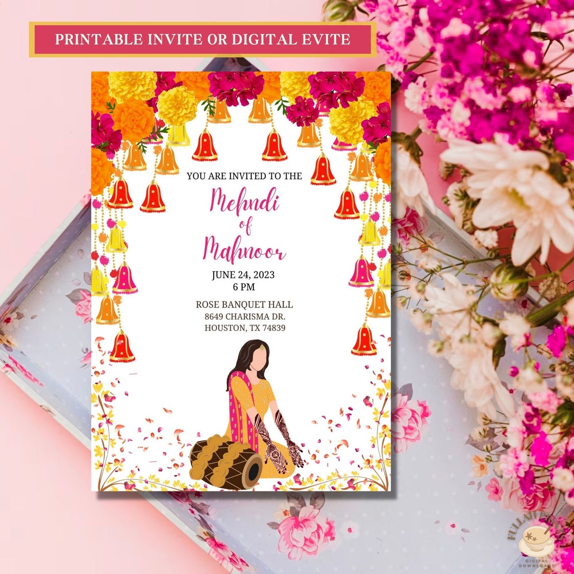 Floral Mehndi Invitation, Dholki Invitation, Editable Template, Mehndi ...