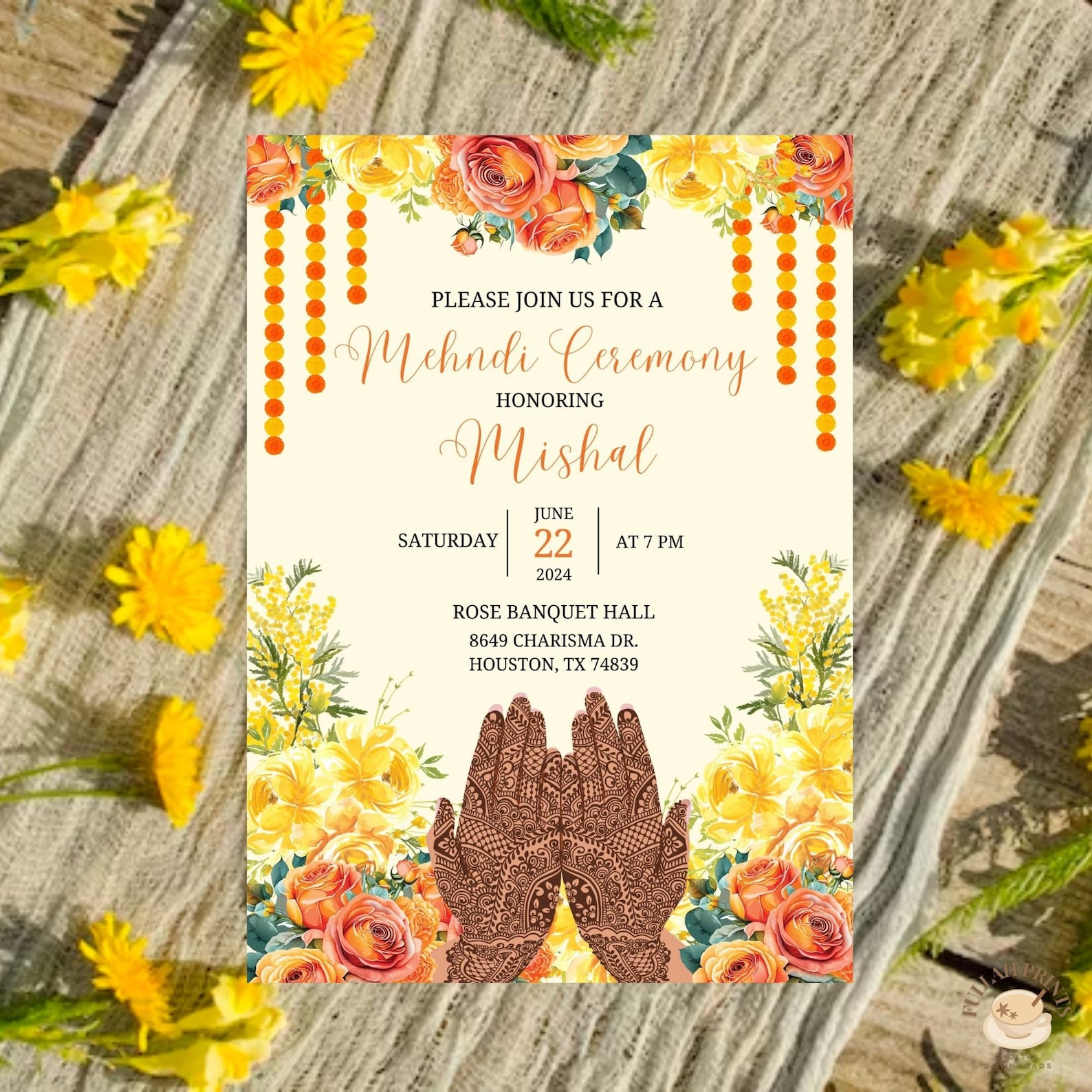 Yellow and Orange Mehndi Invitation, Floral Mehndi Invite, Henna Invite ...