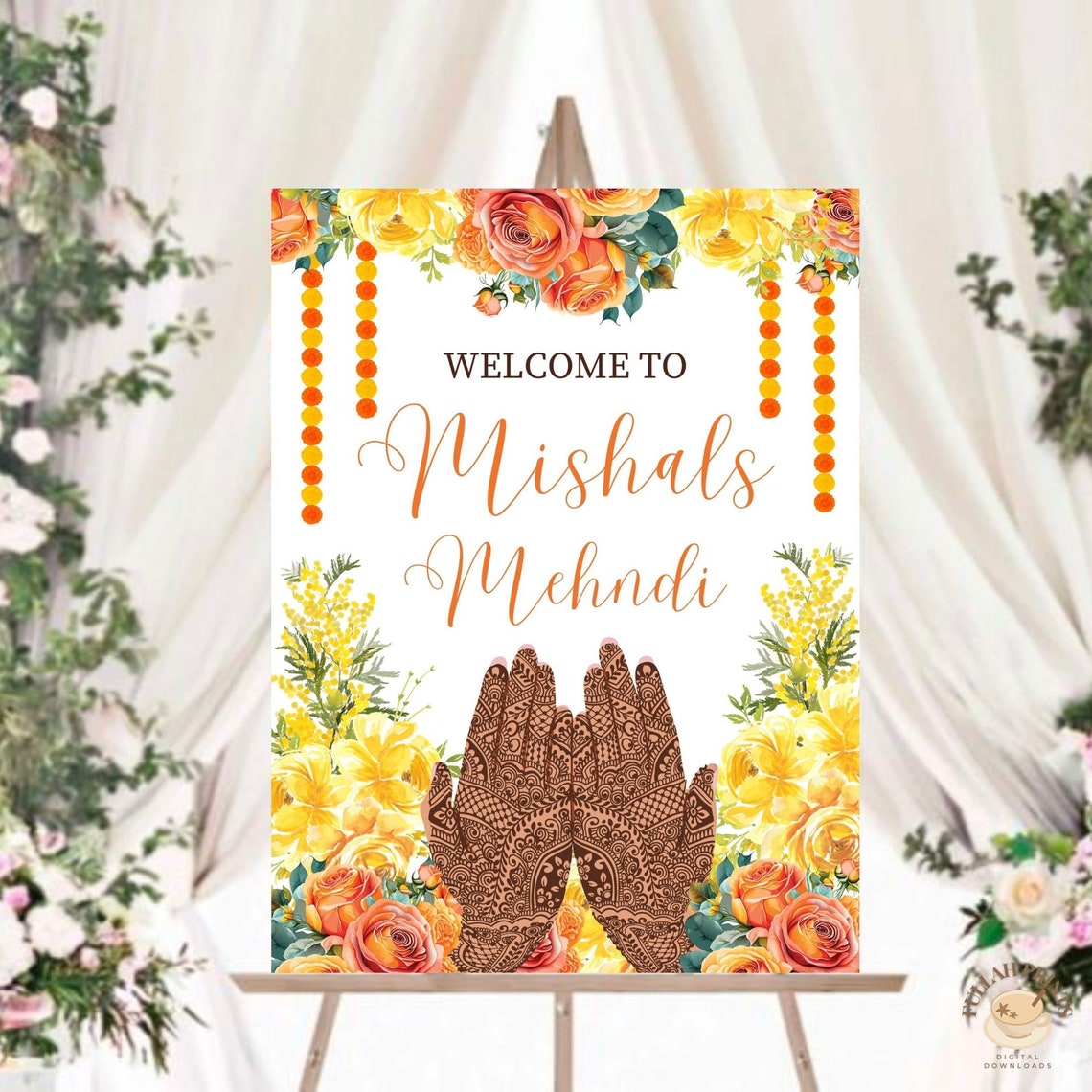 Mehndi Welcome Sign, Yellow and Orange Floral Mehndi Welcome Sign ...