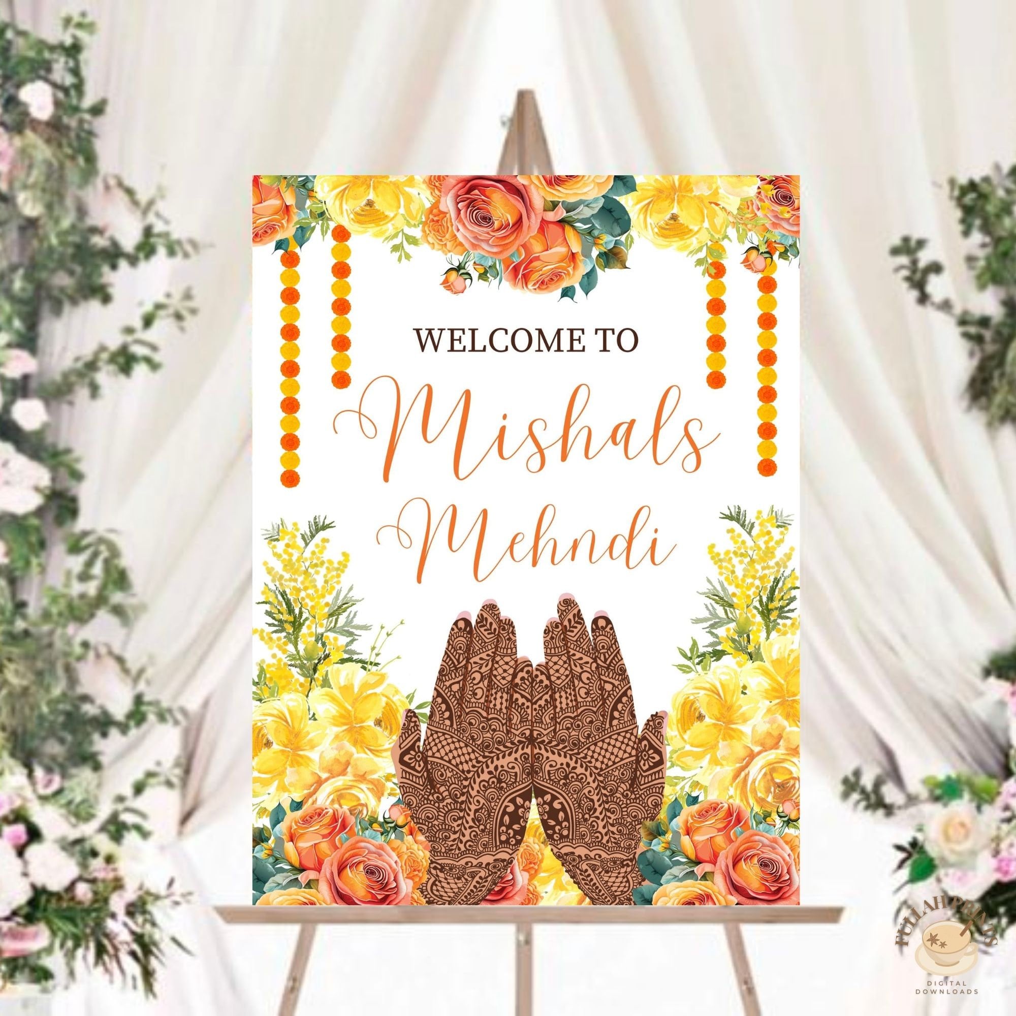 Mehndi Welcome Sign, Yellow and Orange Floral Mehndi Welcome Sign ...