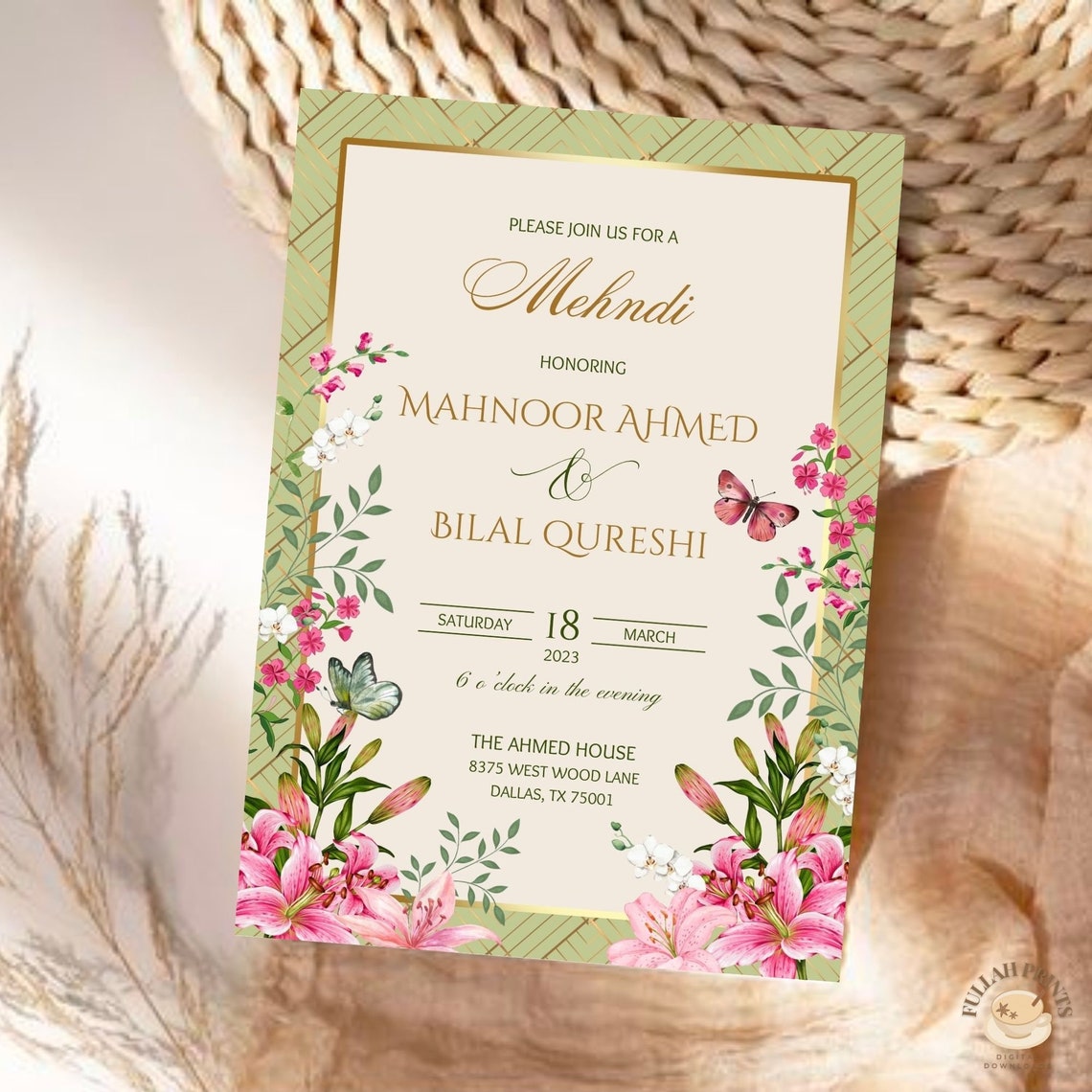 Mughal Green and Pink Mehndi Invitation Template, Dholki Invite ...