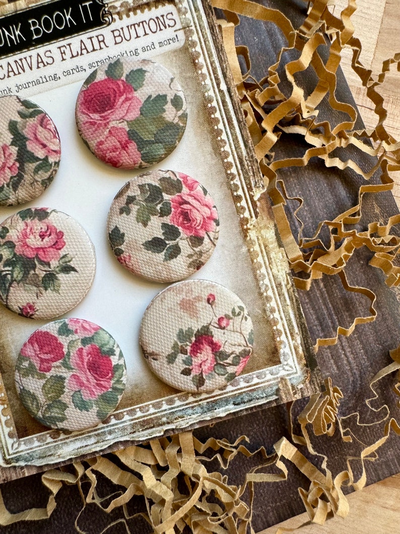 Vintage Pink Rose Canvas Flair Buttons, Rose Junk Journaling, Floral ...