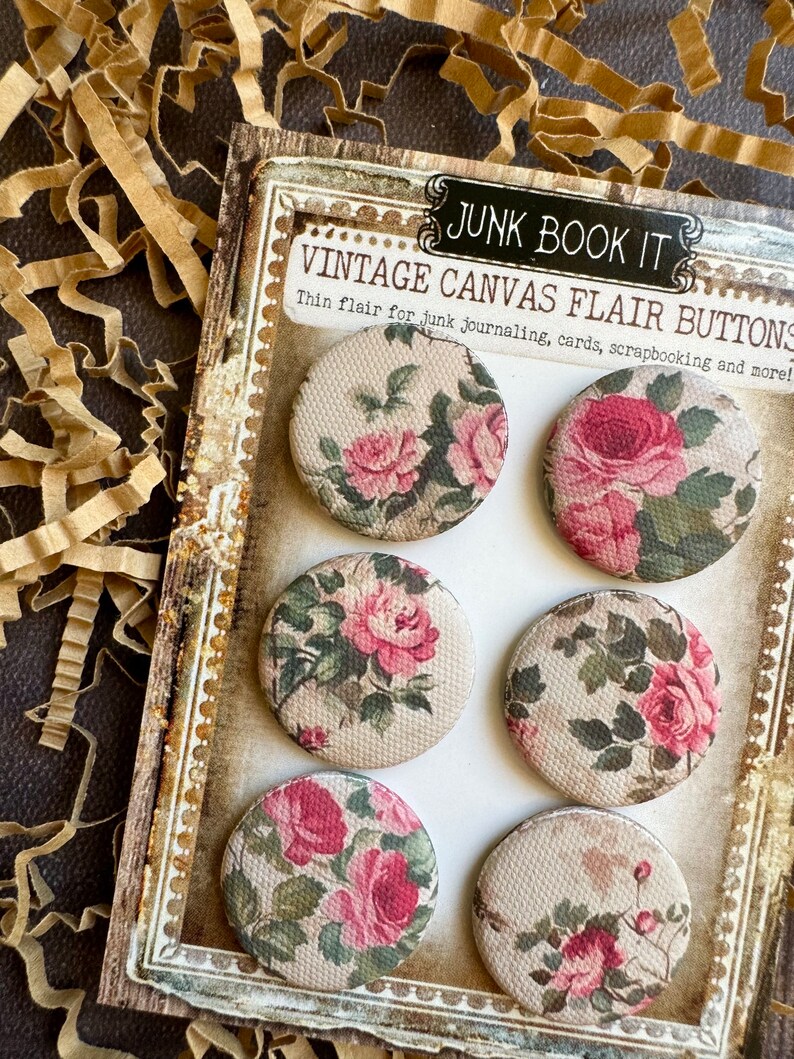 Vintage Pink Rose Canvas Flair Buttons, Rose Junk Journaling, Floral ...